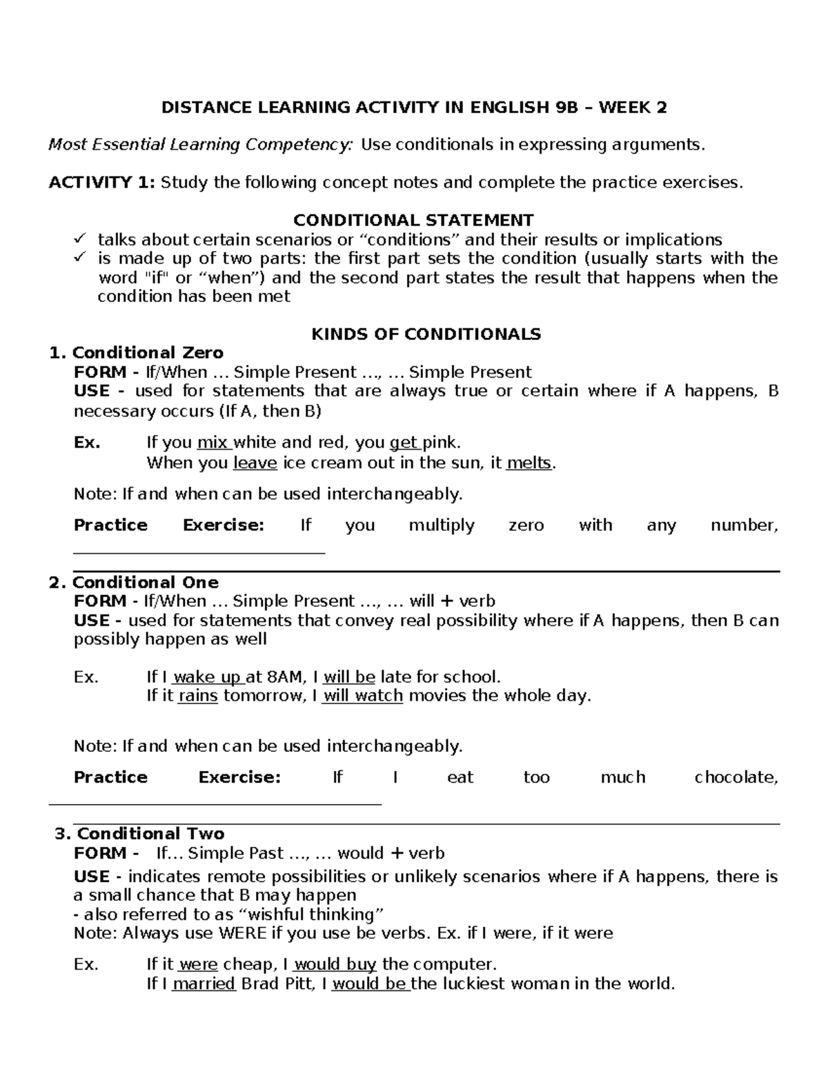 Conditionals Study Guide - English 9B Distance Learning Week 2 - Studocu