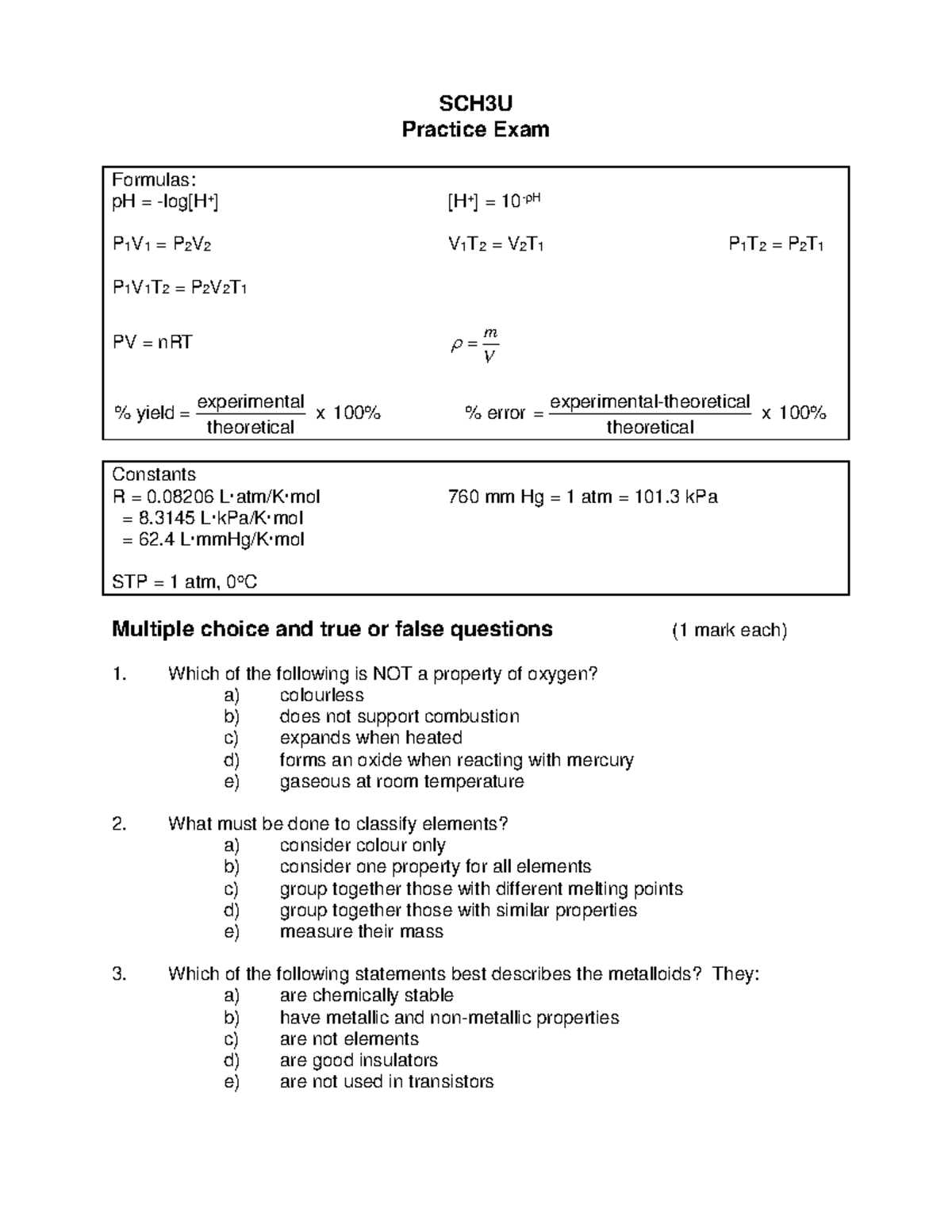 SCH3U Final Exam Practice - Version 1 Review and Questions - Studocu