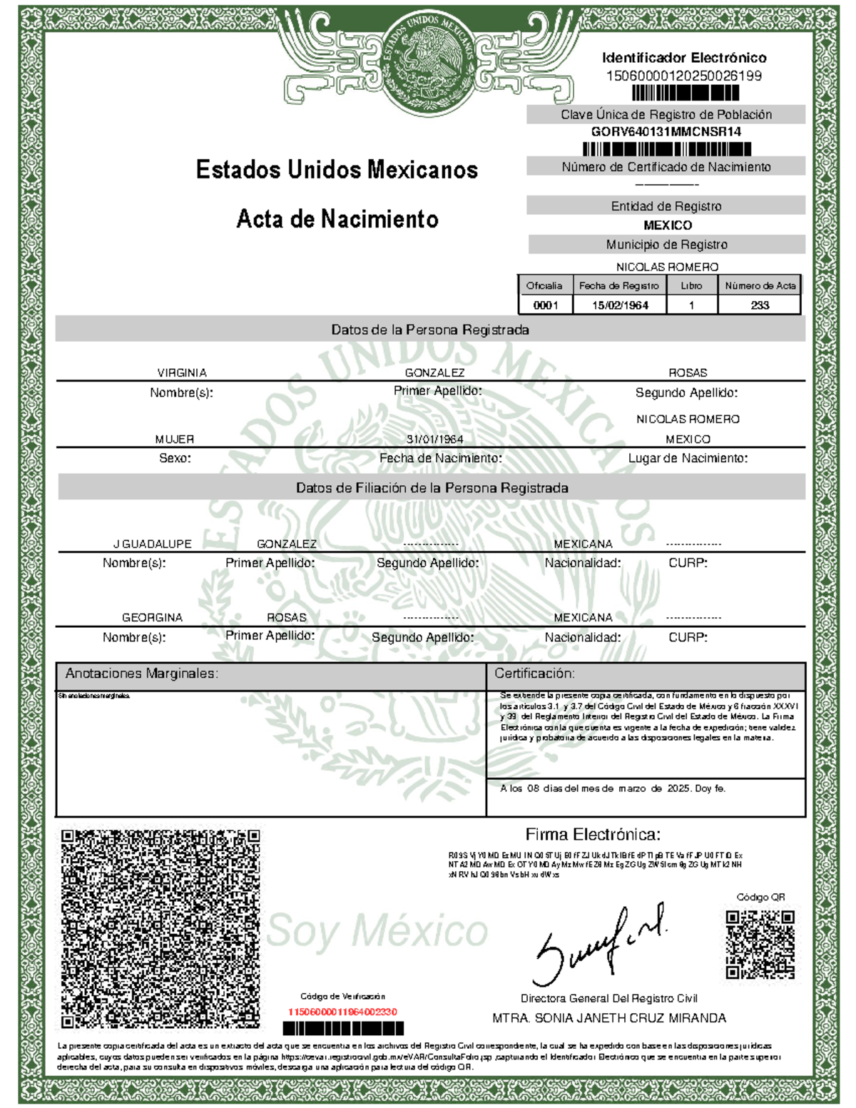 GORV640131 Mmcnsr 14 - Acta de Nacimiento de Virginia Gonzalez Rosas ...