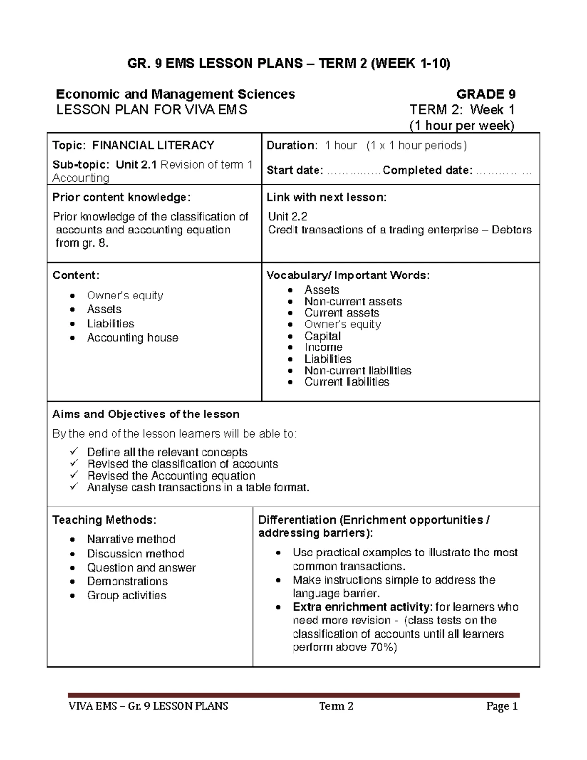 Gr 9 ems lesson plans term 2 week 1 10 - GR. 9 EMS LESSON PLANS – TERM ...