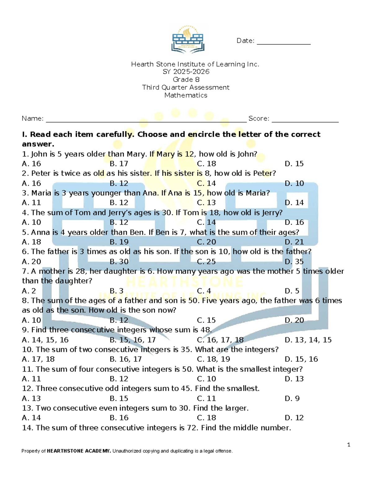 BCD-3rd-Qtr Math Assessment for Grade 8 Students - Studocu