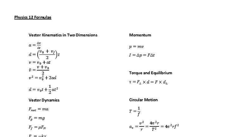 Physics 12 Final Exam Formula Sheet: Vector Kinematics & More - Studocu