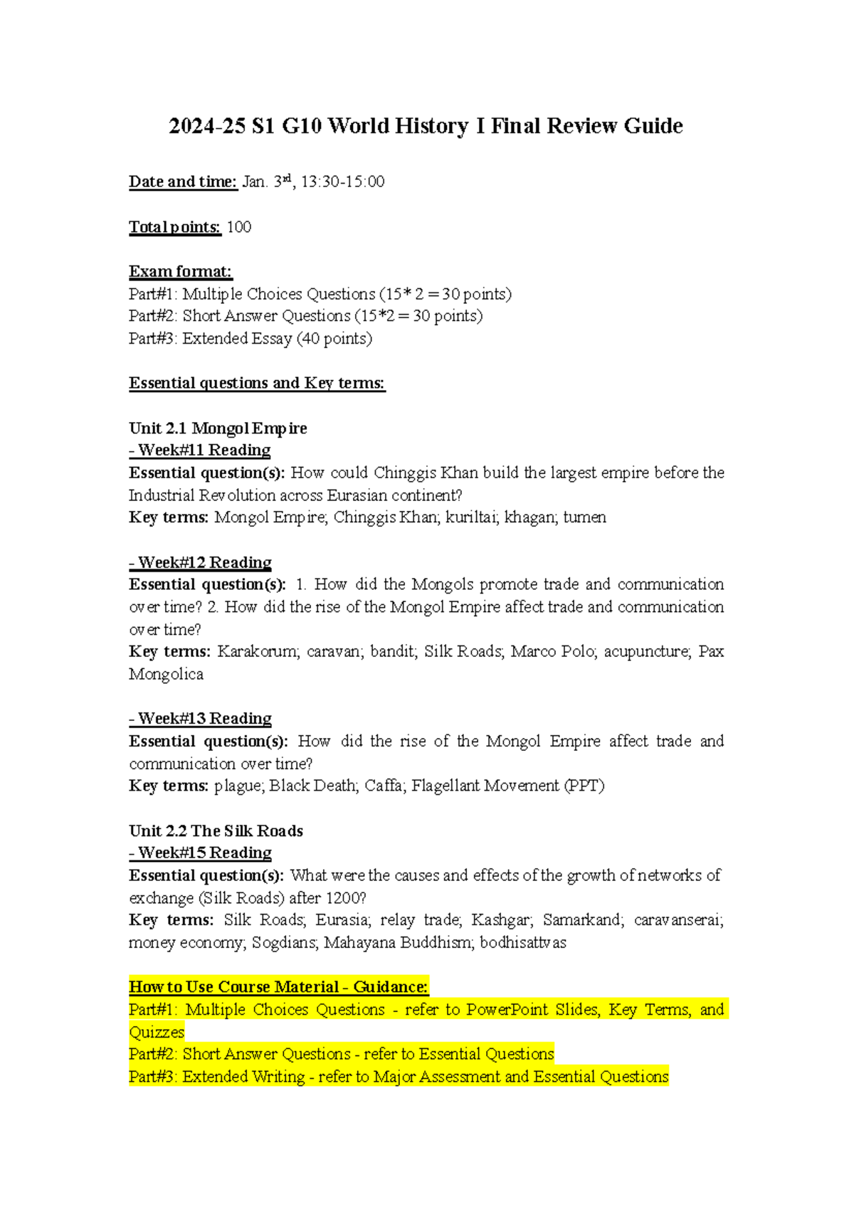 2024-25 S1 G10 World History I Final Exam Review Guide - Studocu