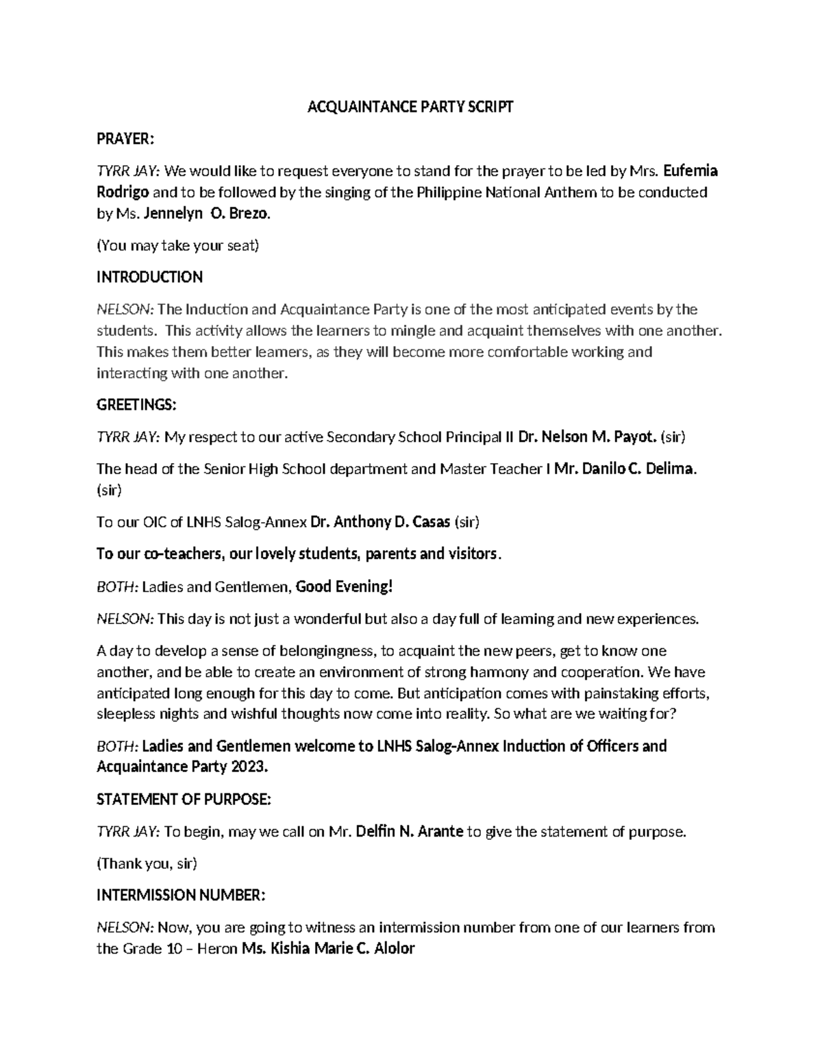 LNHS Salog-Annex Induction & Acquaintance Party Script 2023 - Studocu