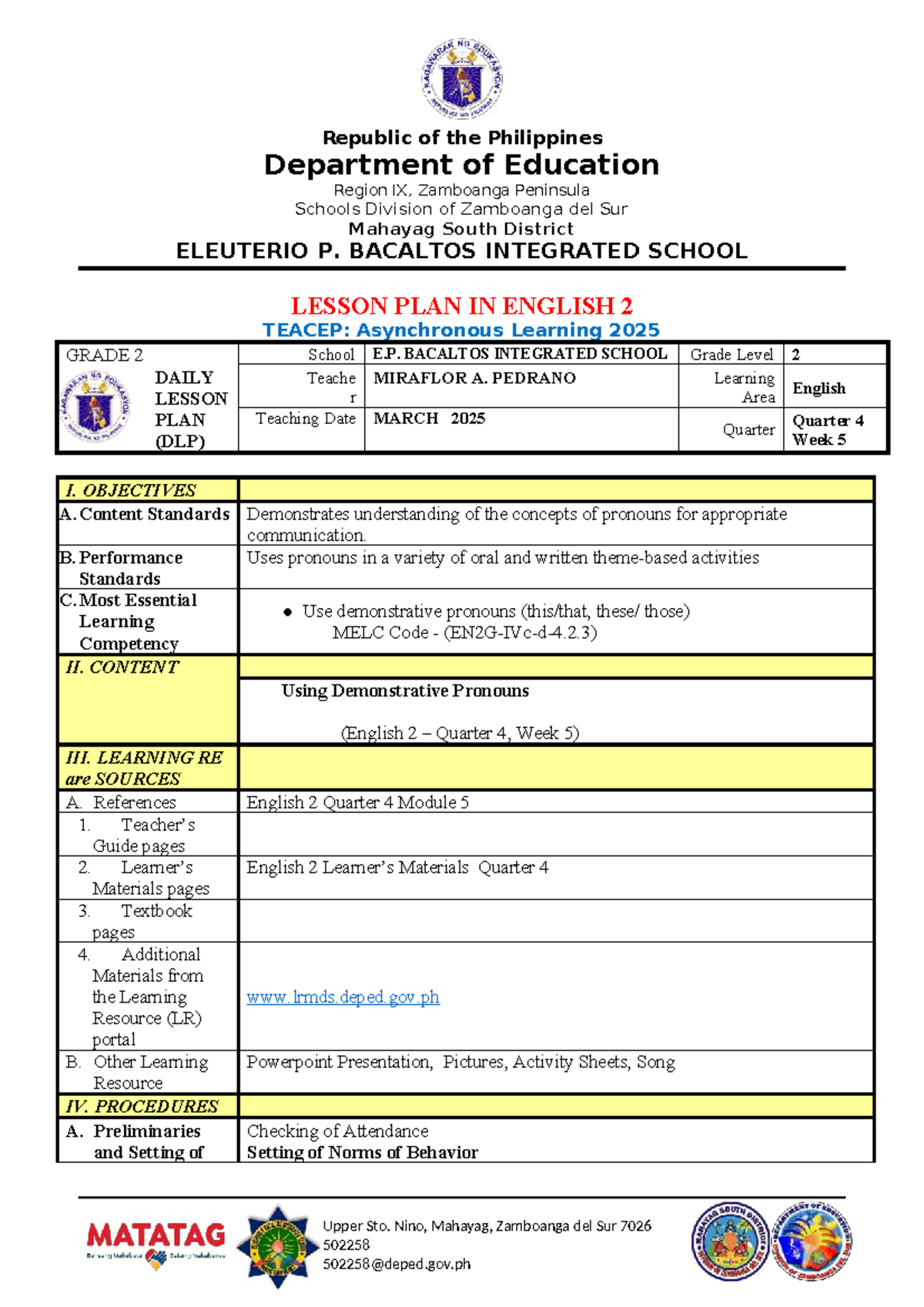 Grade 2 English 2 Lesson Plan: Using Demonstrative Pronouns (TEACEP) - Studocu
