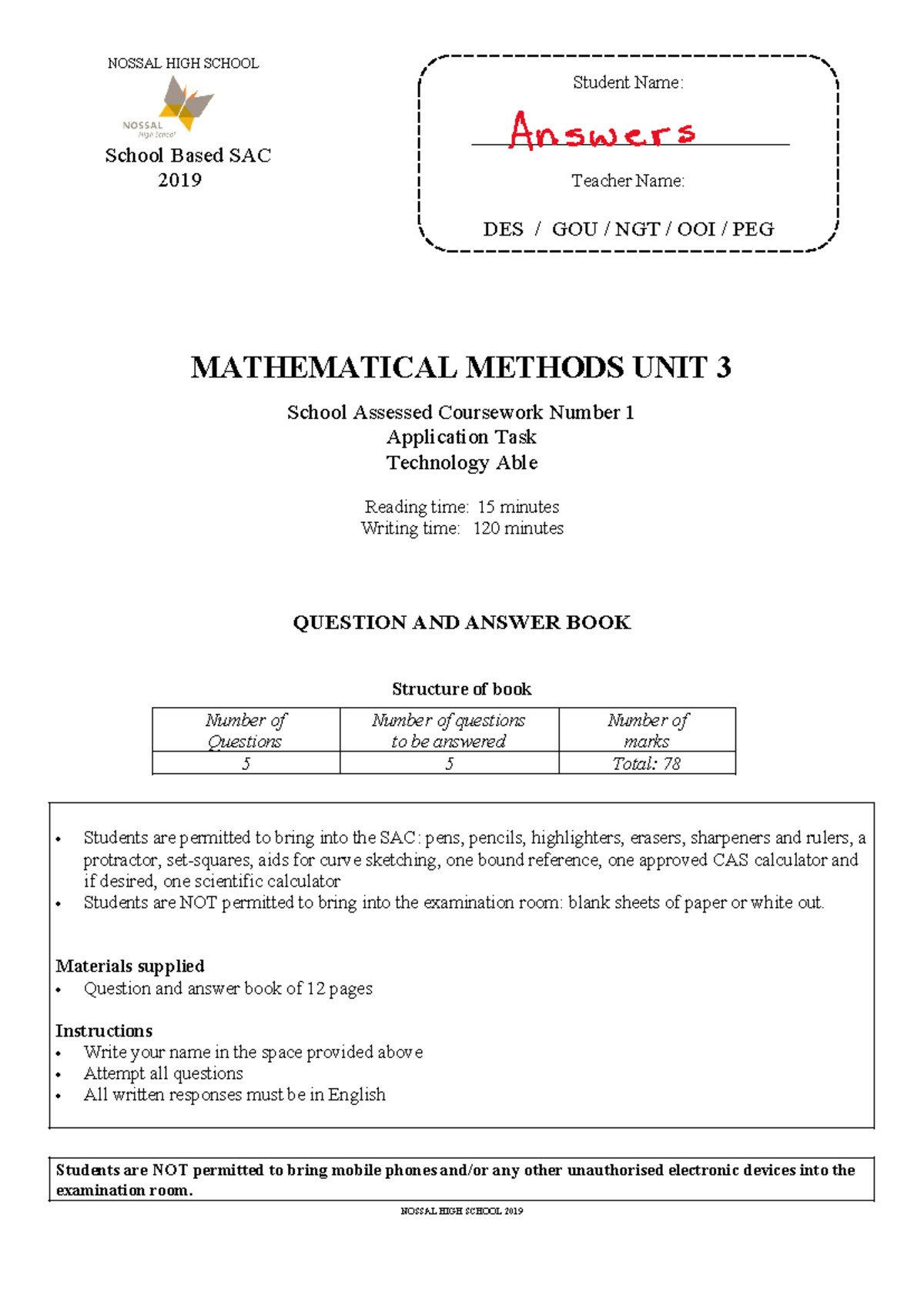 NOSSAL HIGH SCHOOL MATHEMATICAL METHODS UNIT 3 SAC 2019 Solutions - Studocu