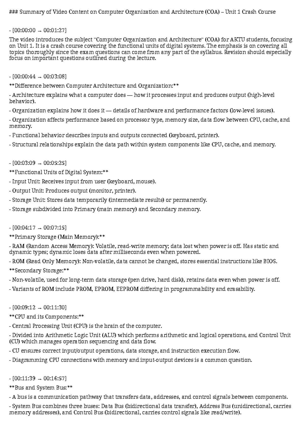 COA Unit 1 Crash Course: Summary of Computer Organization ...
