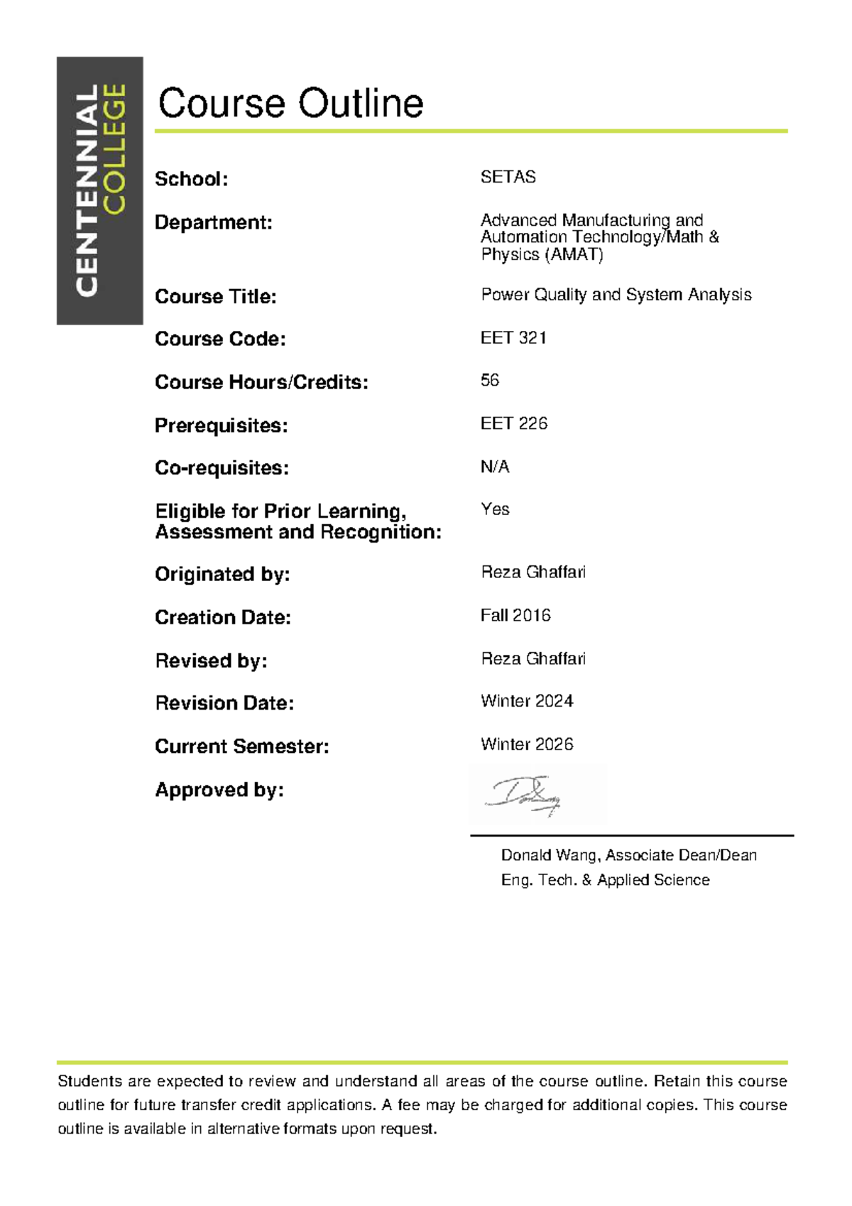 Centennial College EET 321 W26 Course Outline: Power Quality & System ...