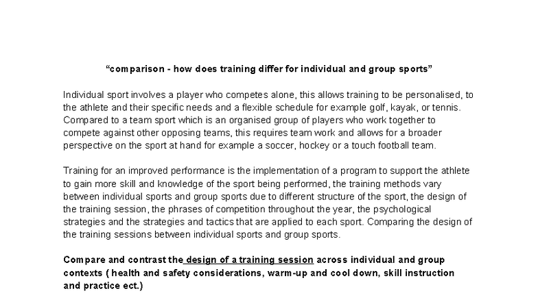 HMS Assessment: Training Differences in Individual vs Group Sports - Studocu
