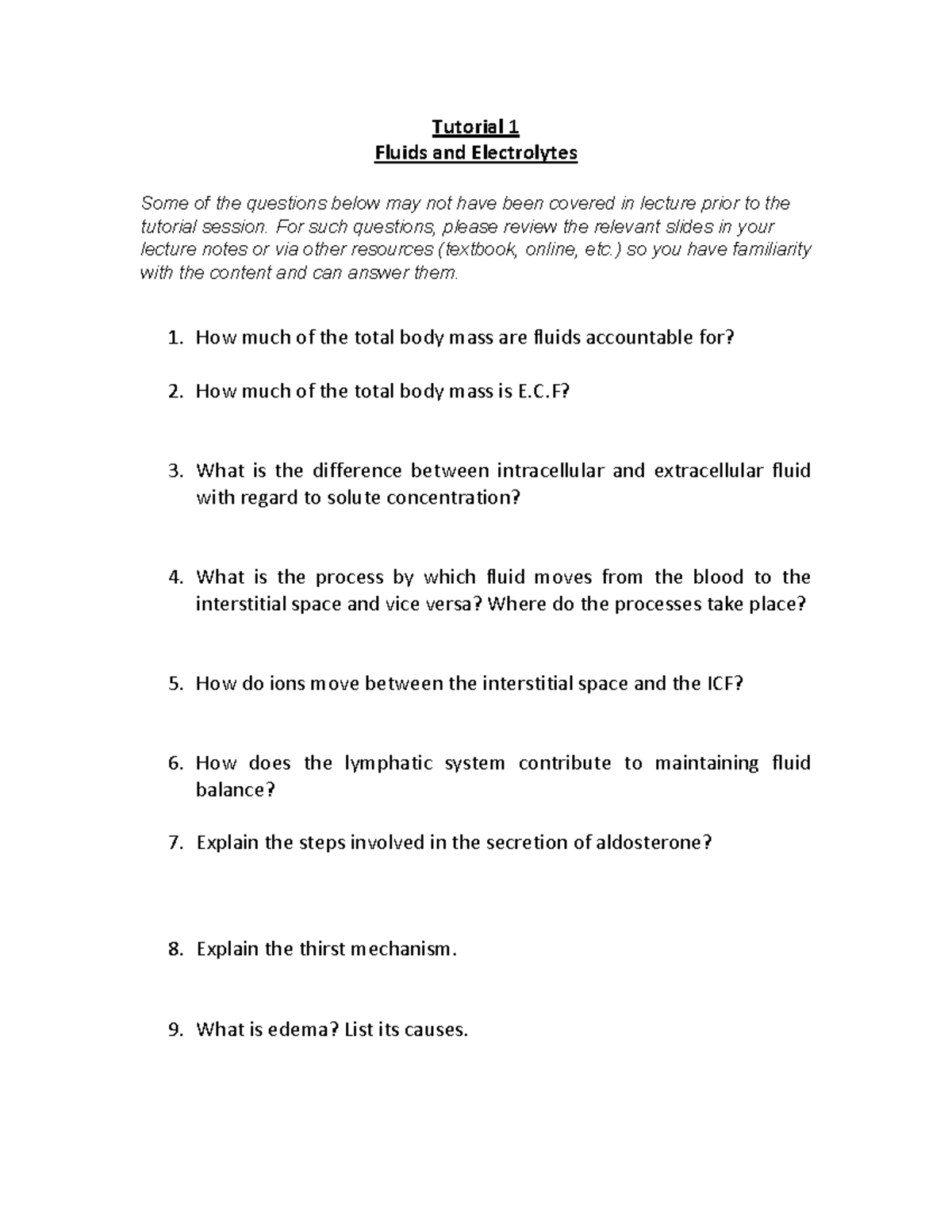 Tutorial 1: Fluids and Electrolytes Worksheet - W26 - Studocu