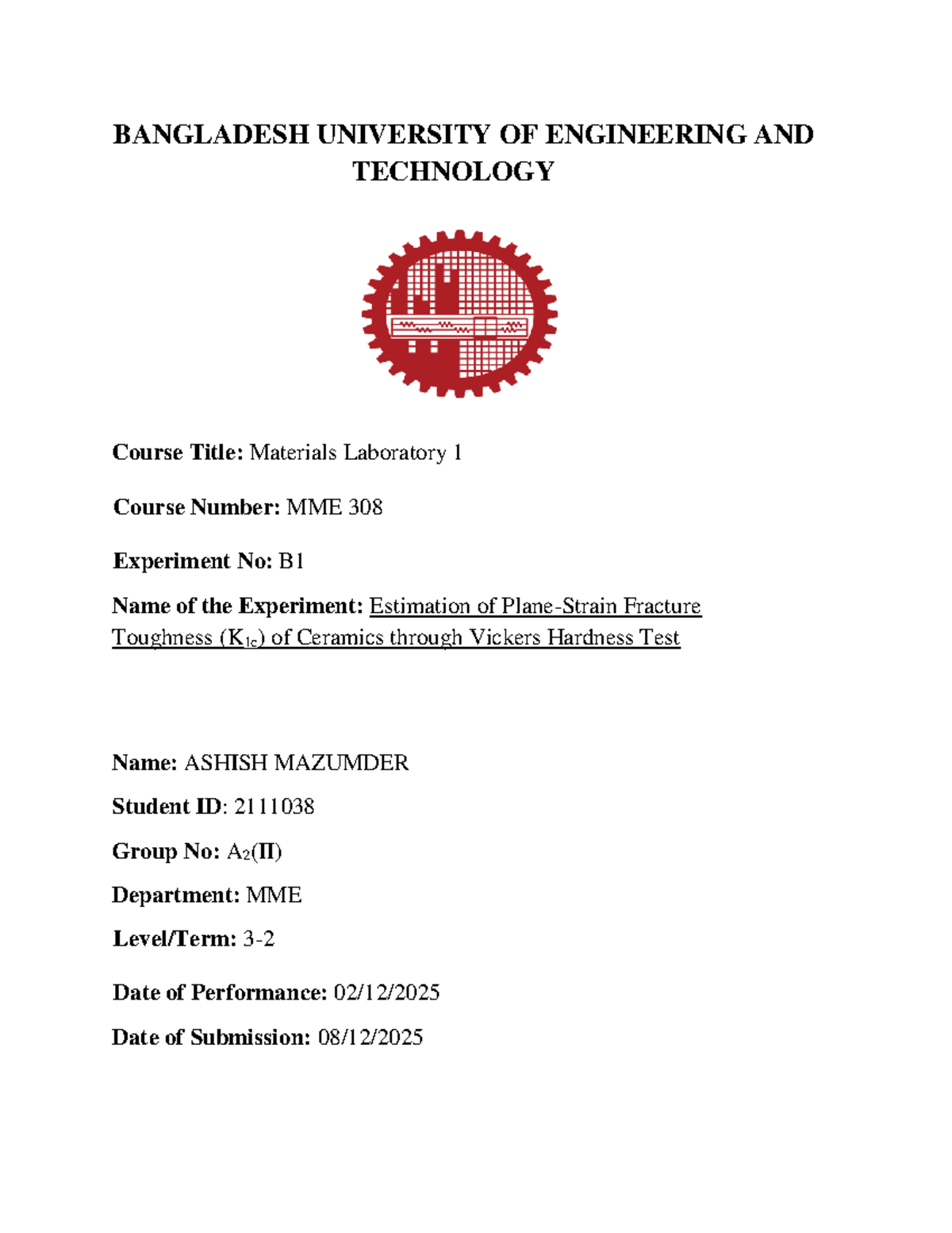 MME 308 Lab Report: Estimation of Fracture Toughness (K1c) of Ceramics ...