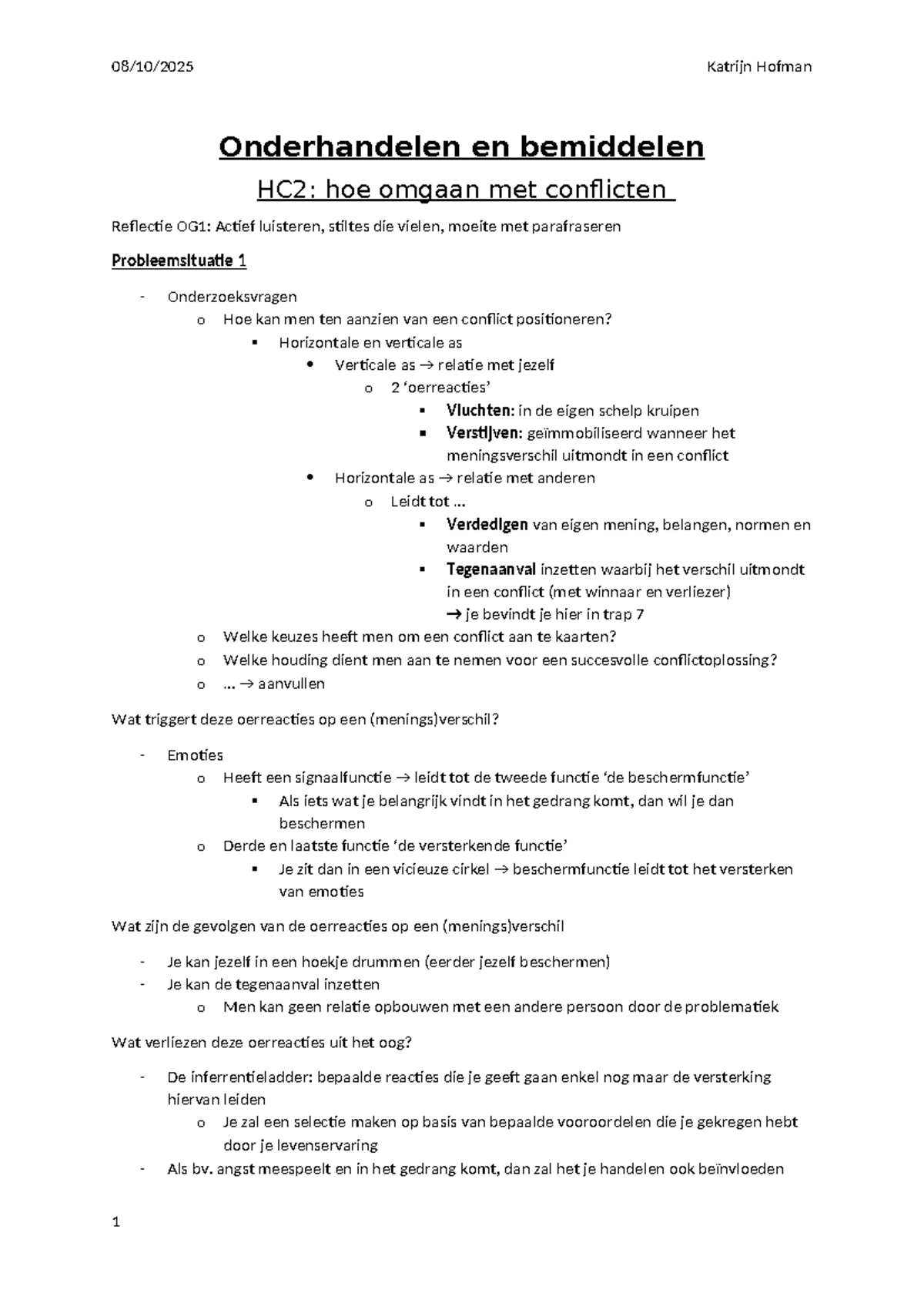 Onderhandelen en Bemiddelen HC2: Conflictoplossing en Reflectie - Studocu