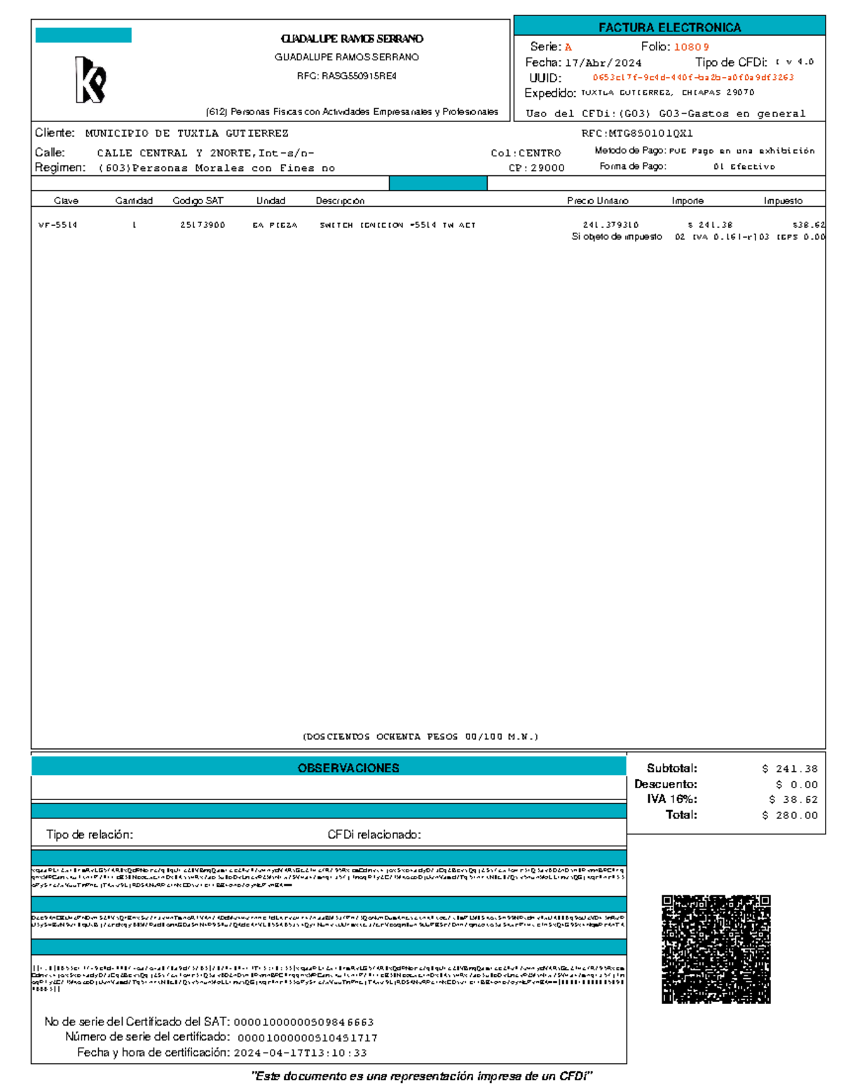 13 - DFDFG - FACTURA ELECTRONICA EMISOR GUADALUPE RAMOS SERRANO Serie:A ...