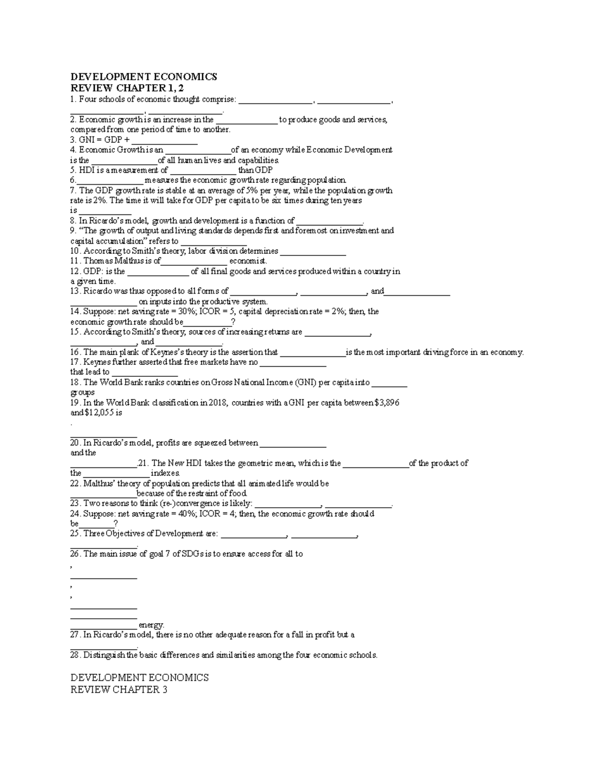 DEVELOPMENT ECONOMICS REVIEW: CHAPTERS 1 & 2 OVERVIEW - Studocu