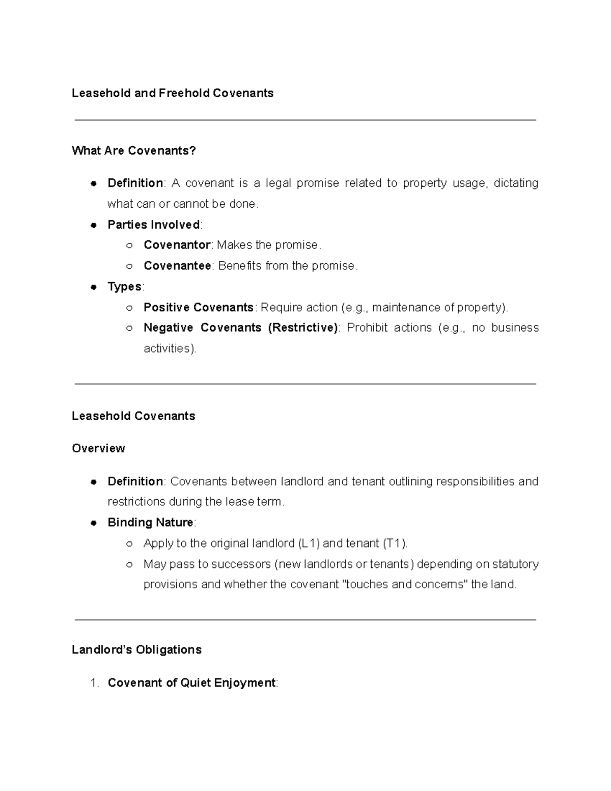 Leasehold and Freehold Covenants - Parties Involved: Covenantor: Makes ...