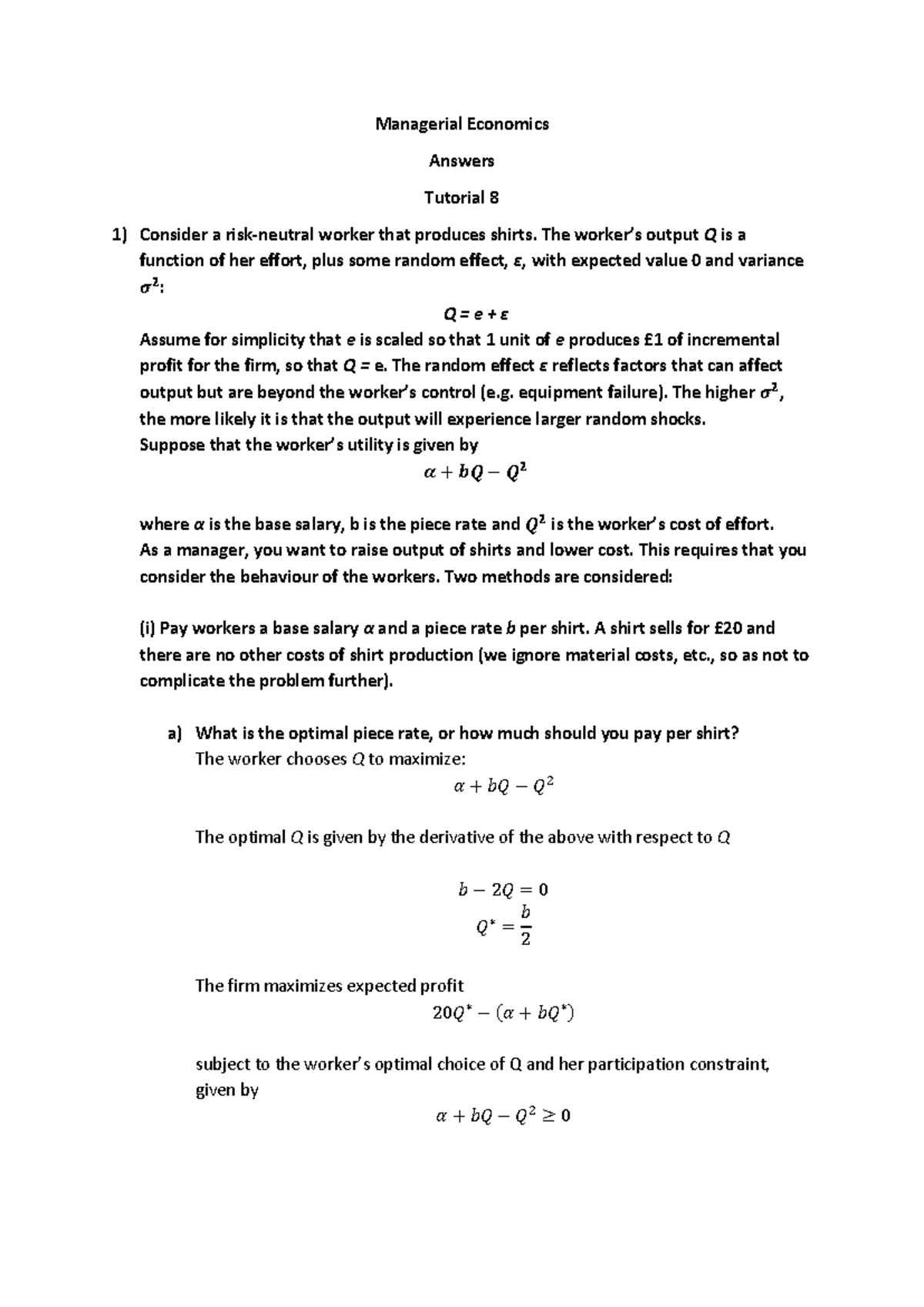 6SSMN318 Tutorial 8 Solutions on Managerial Economics Concepts - Studocu