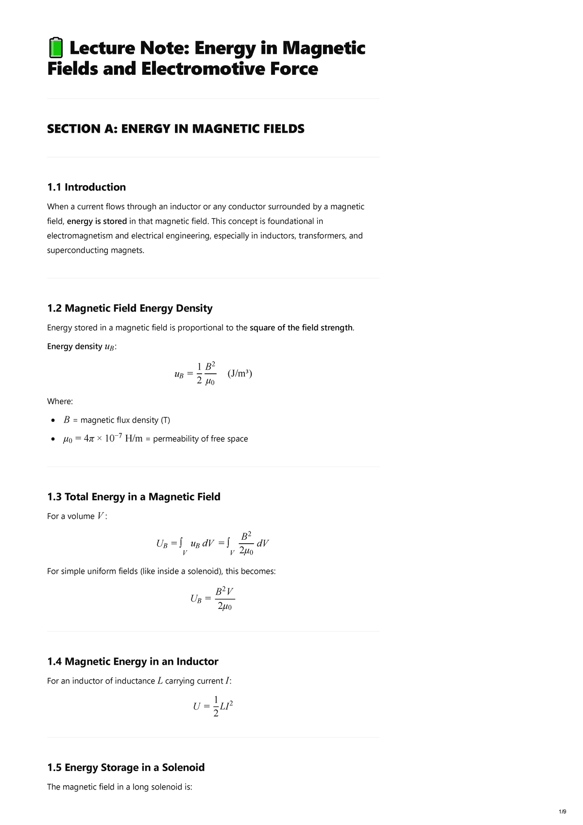 Lecture Notes: Energy in Magnetic Fields & EMF Concepts I - Studocu