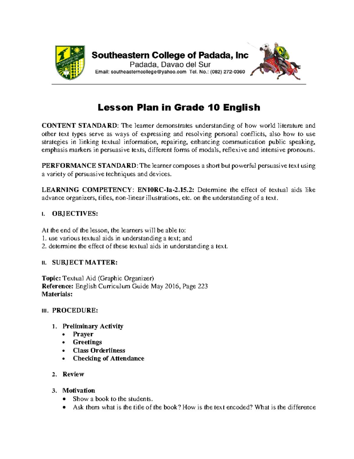 Lesson Plan for EN10: Textual Aids in Grade 10 English - Studocu