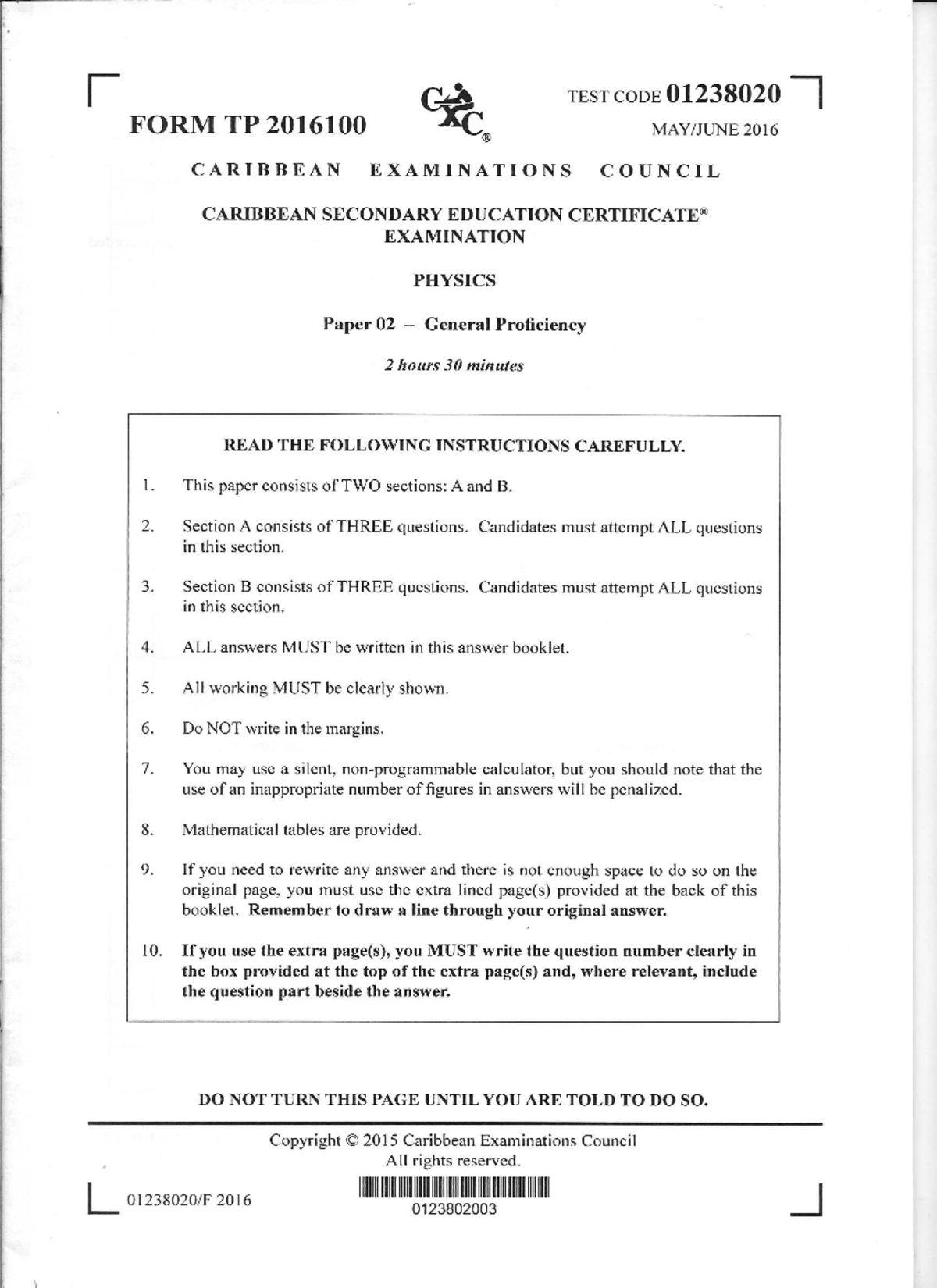 June 2016 CSEC Physics Paper 02 Exam Notes - Studocu