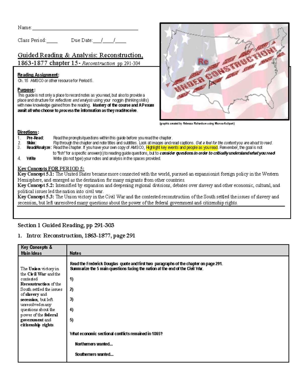 Chapter 15 Reading Guide: Reconstruction Analysis for APUSH (Period 5 ...