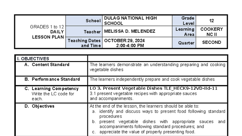 Grade 12 Cookery NC II: Daily Lesson Plan on Vegetable Dishes - Studocu