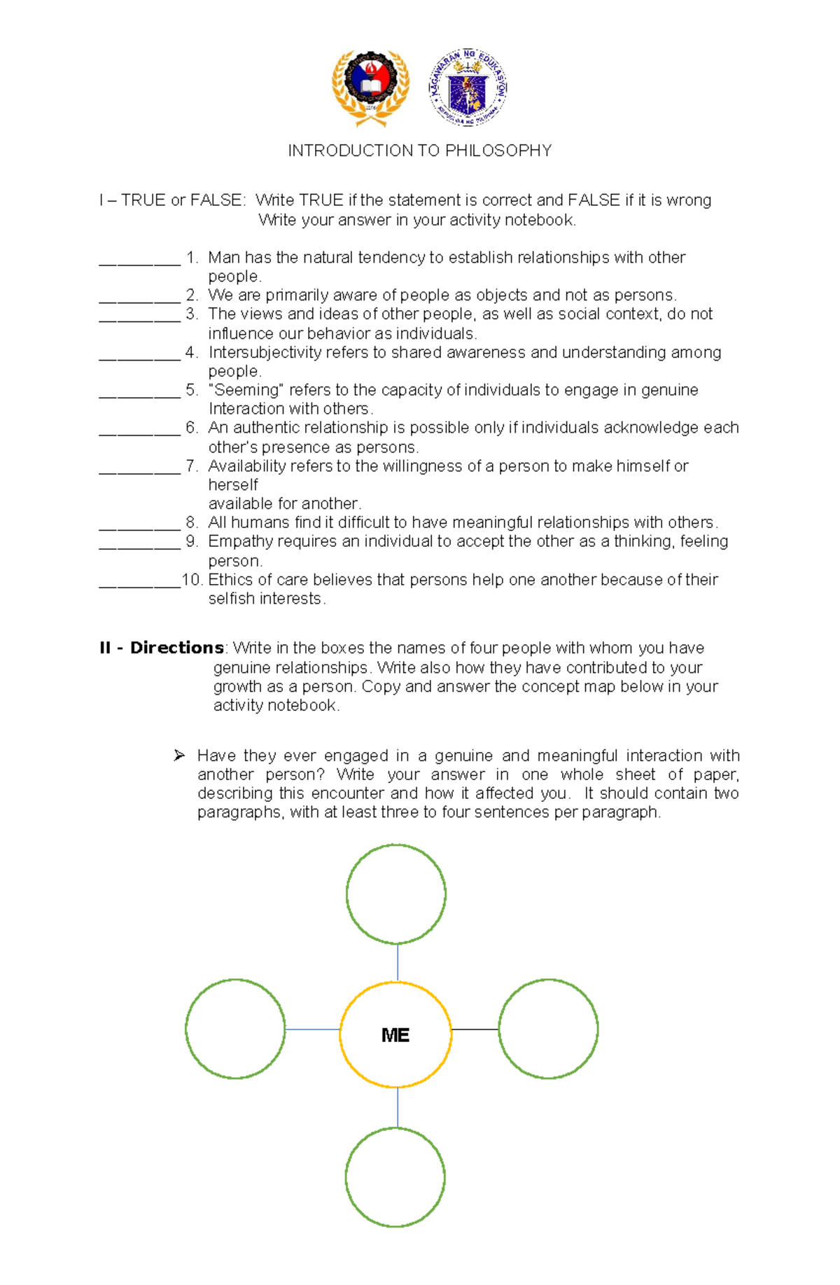 Intro to Philo activity dated 11 20 2023 - INTRODUCTION TO PHILOSOPHY I ...