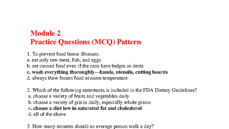 Module 2 Practice Questions (MCQ) on Nutrition and Health - Studocu