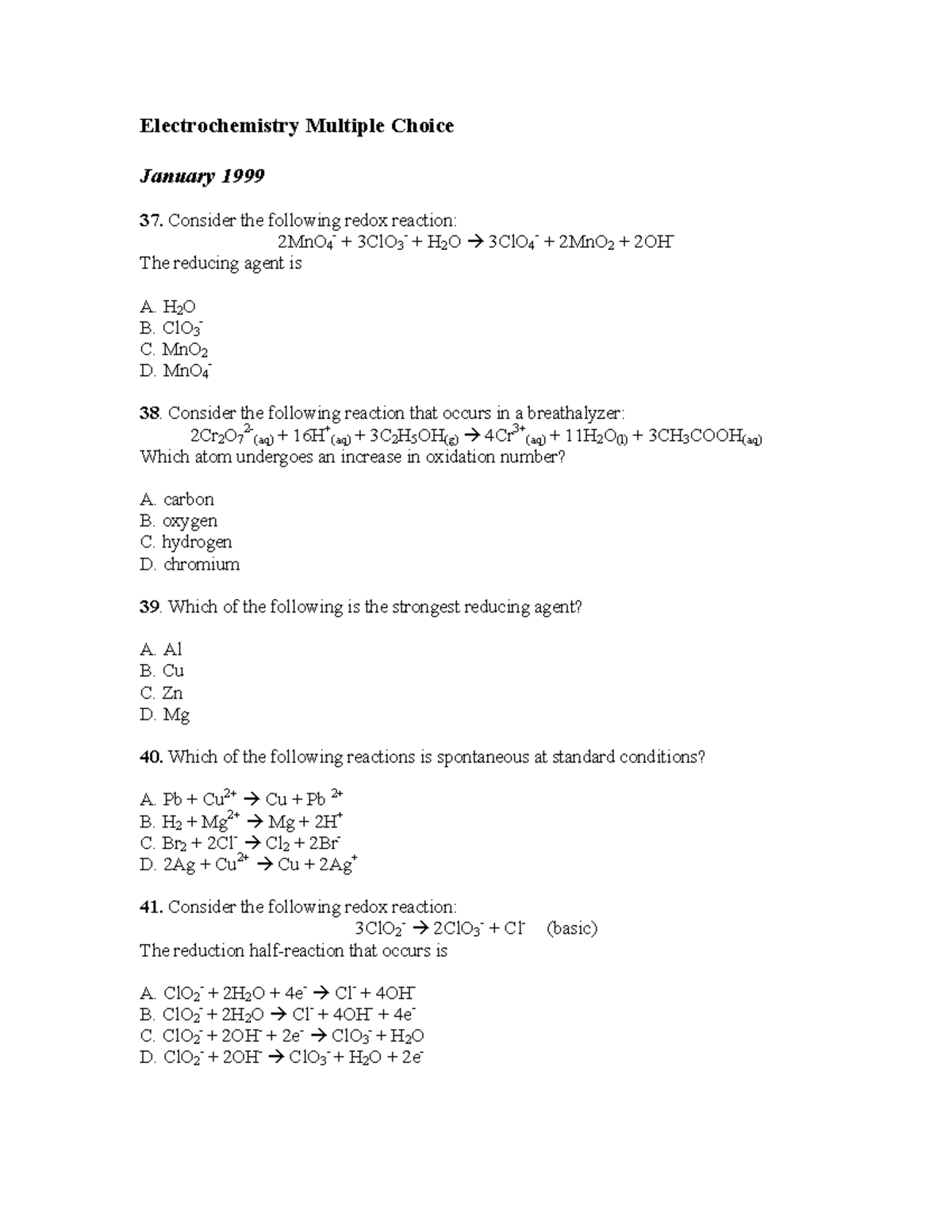 Chemistry 12 - Unit 5 - Electrochemistry Multiple Choice Exam - Studocu