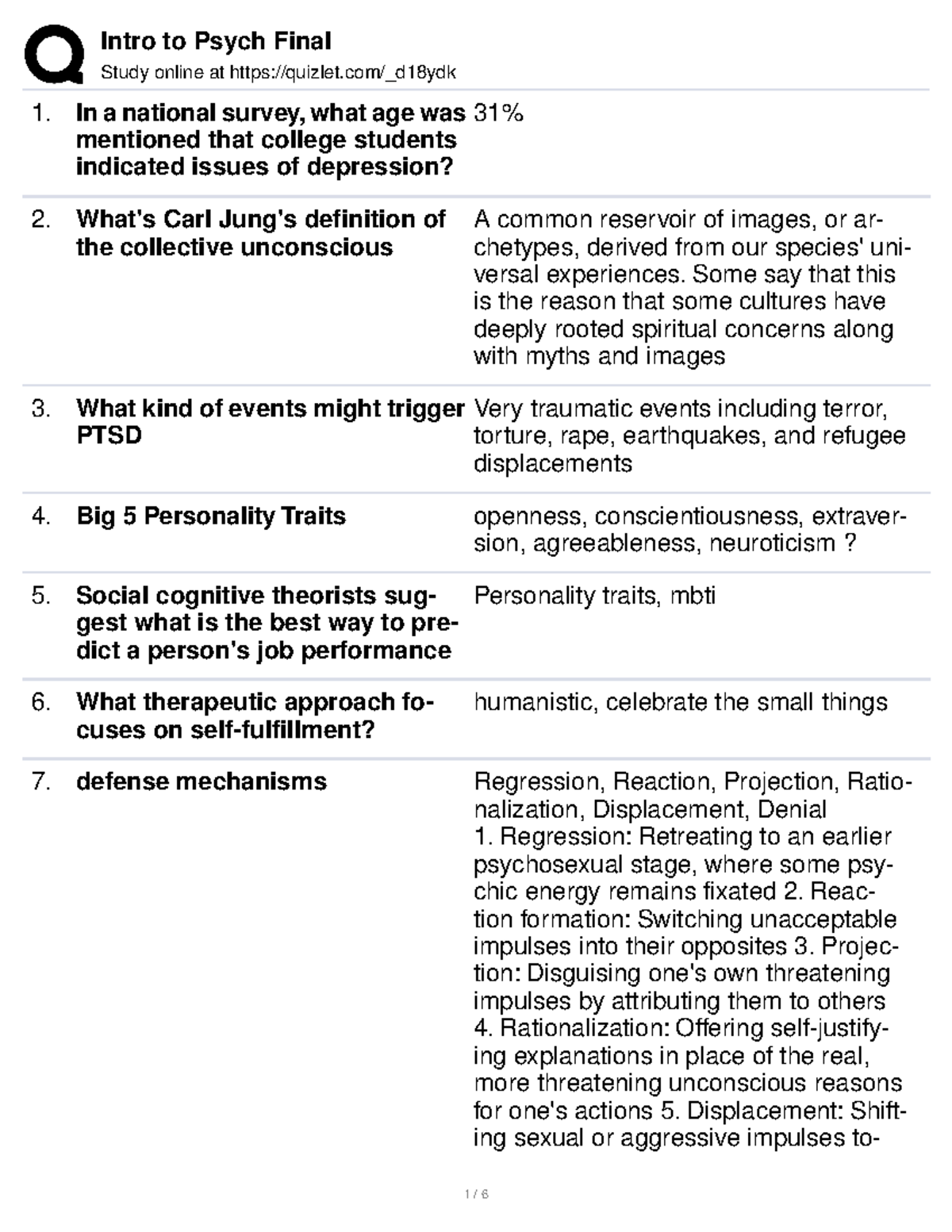 Intro to Psych Final Exam Flashcards (PSY 101) - Studocu