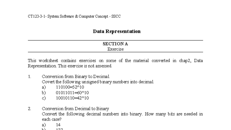 SSCC Data Representation Exercises: Binary, Decimal & Hexadecimal - Studocu