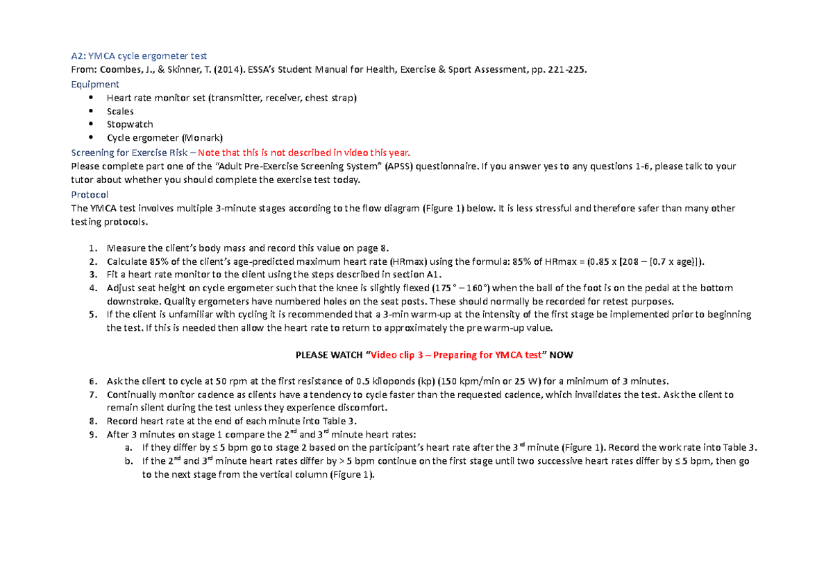 YMCA Cycle Ergometer Test Protocol and Analysis Guide - Studocu