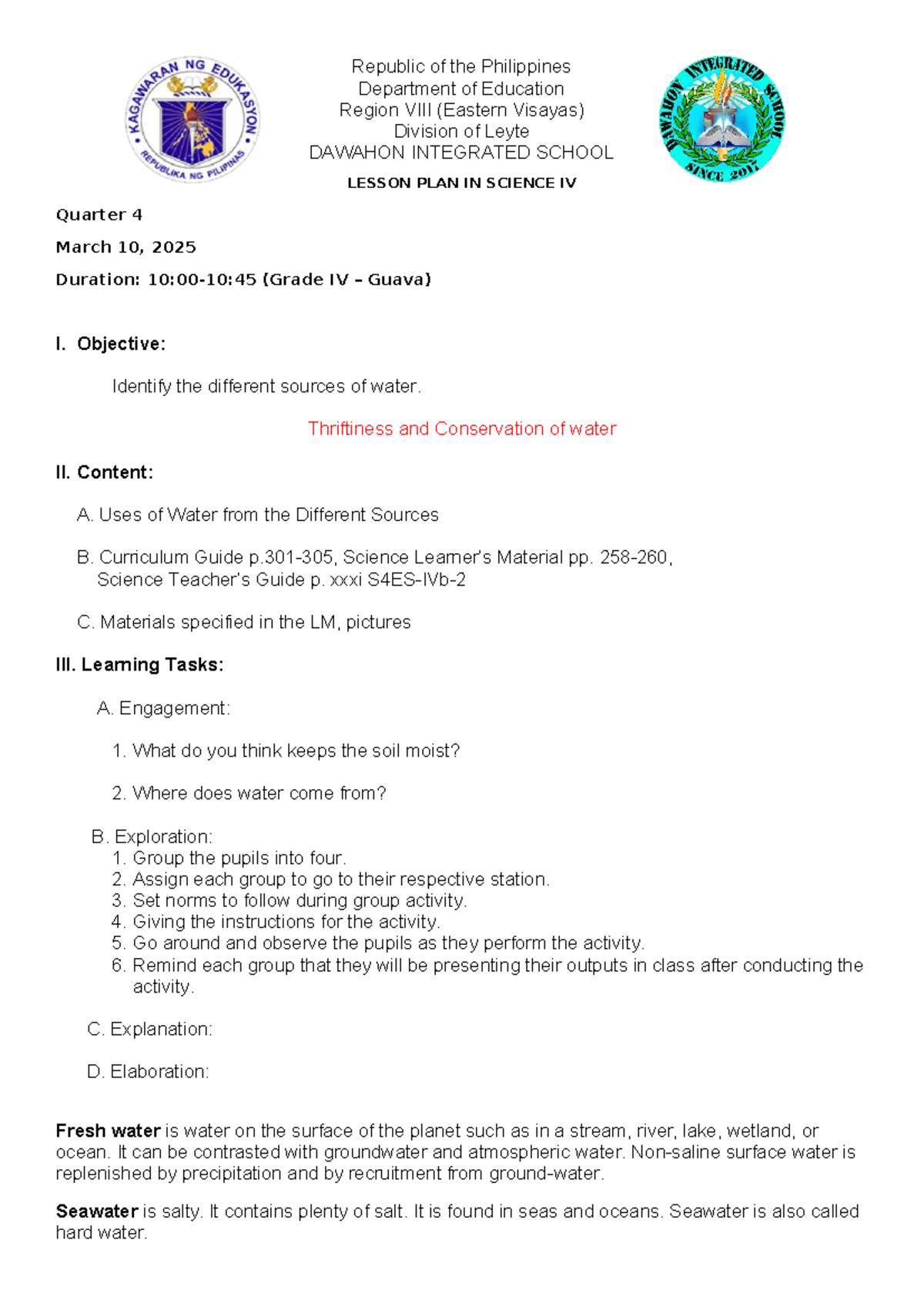 Science IV Lesson Plan: Water Sources & Conservation (Q4) - Studocu