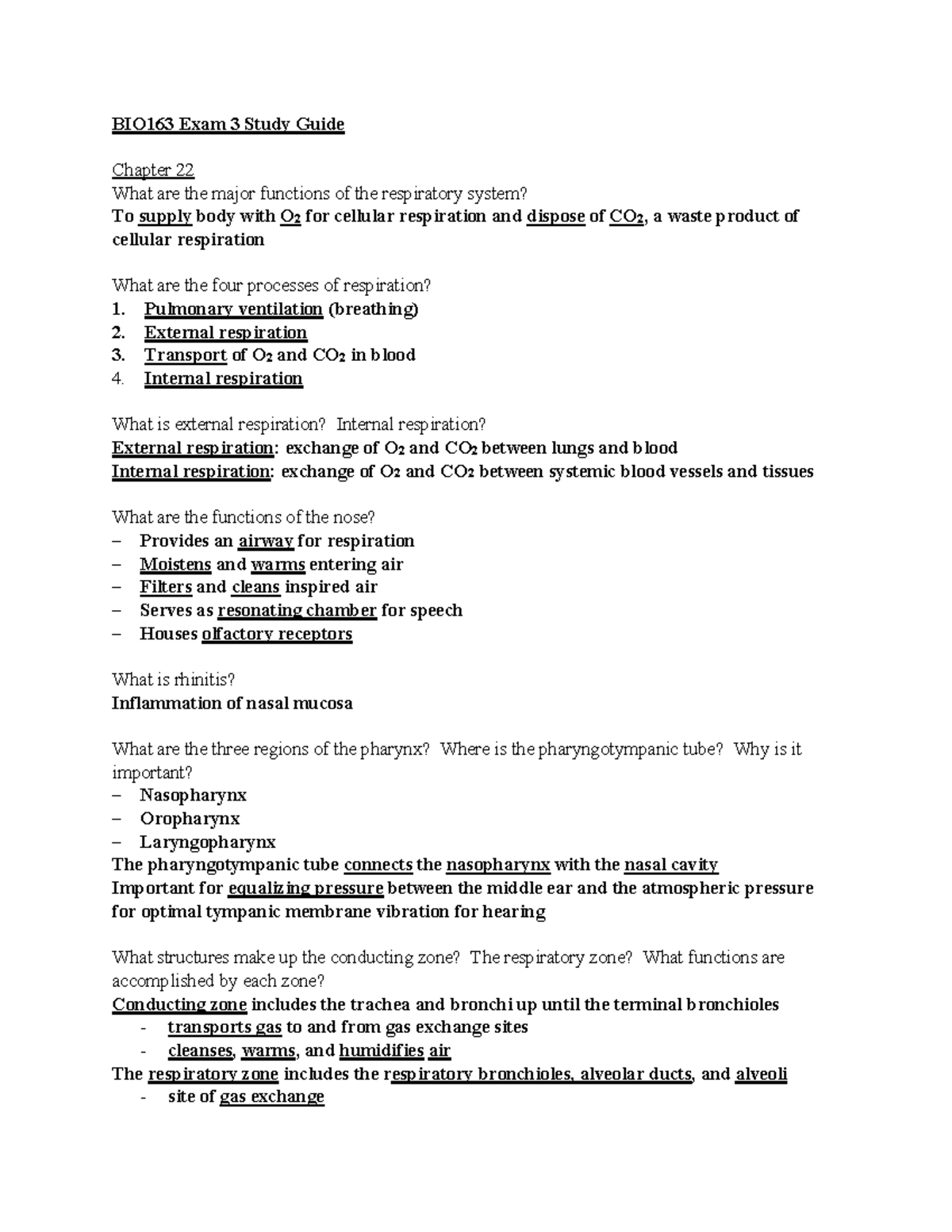 BIO163 Exam 3 Study Guide: Respiratory System Overview - Studocu