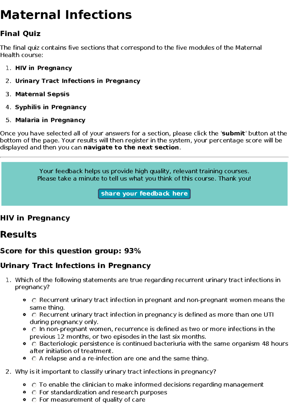 Maternal Health Infections Final Quiz (Course Code: MHI 101) - Studocu