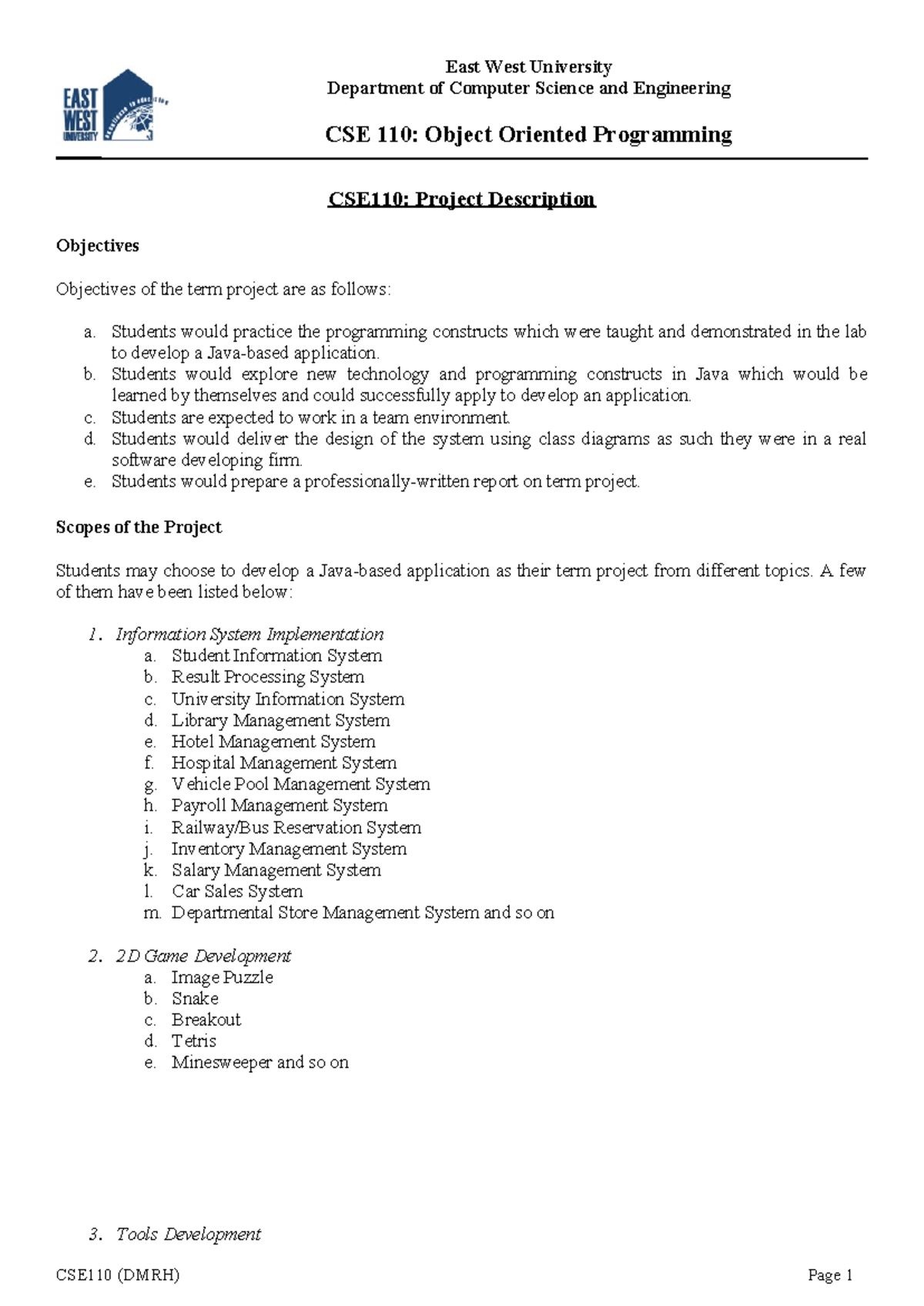 CSE 110: Object Oriented Programming Project Description and Objectives - Studocu