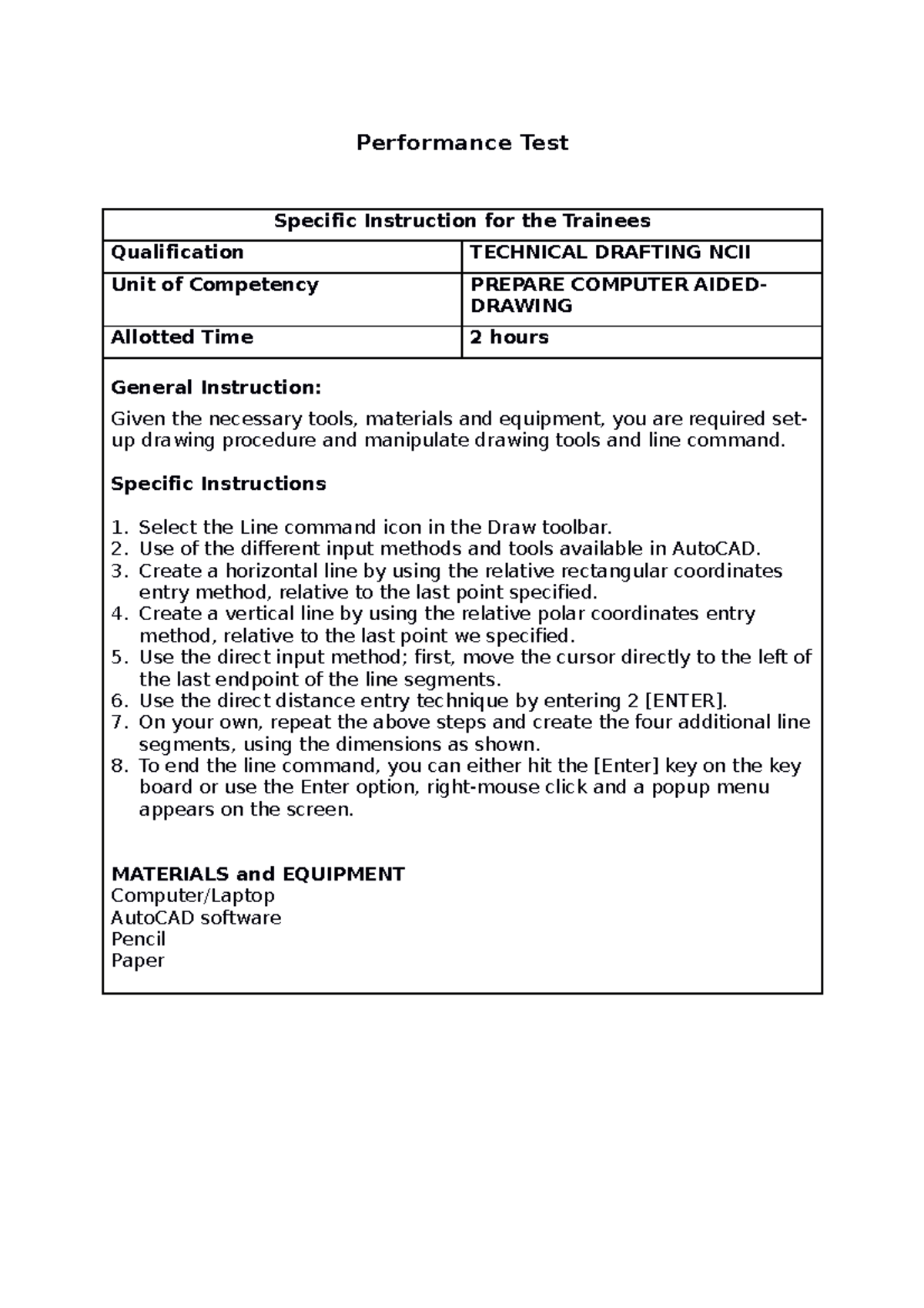 Technical Drafting NCII: Performance Test Instructions & Materials ...