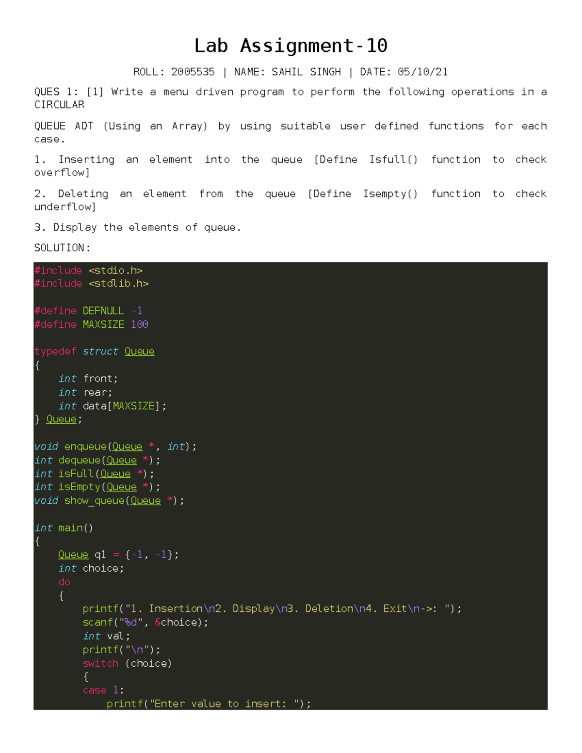 DSA LAB10 - Circular Queue and Stack Implementations - Studocu