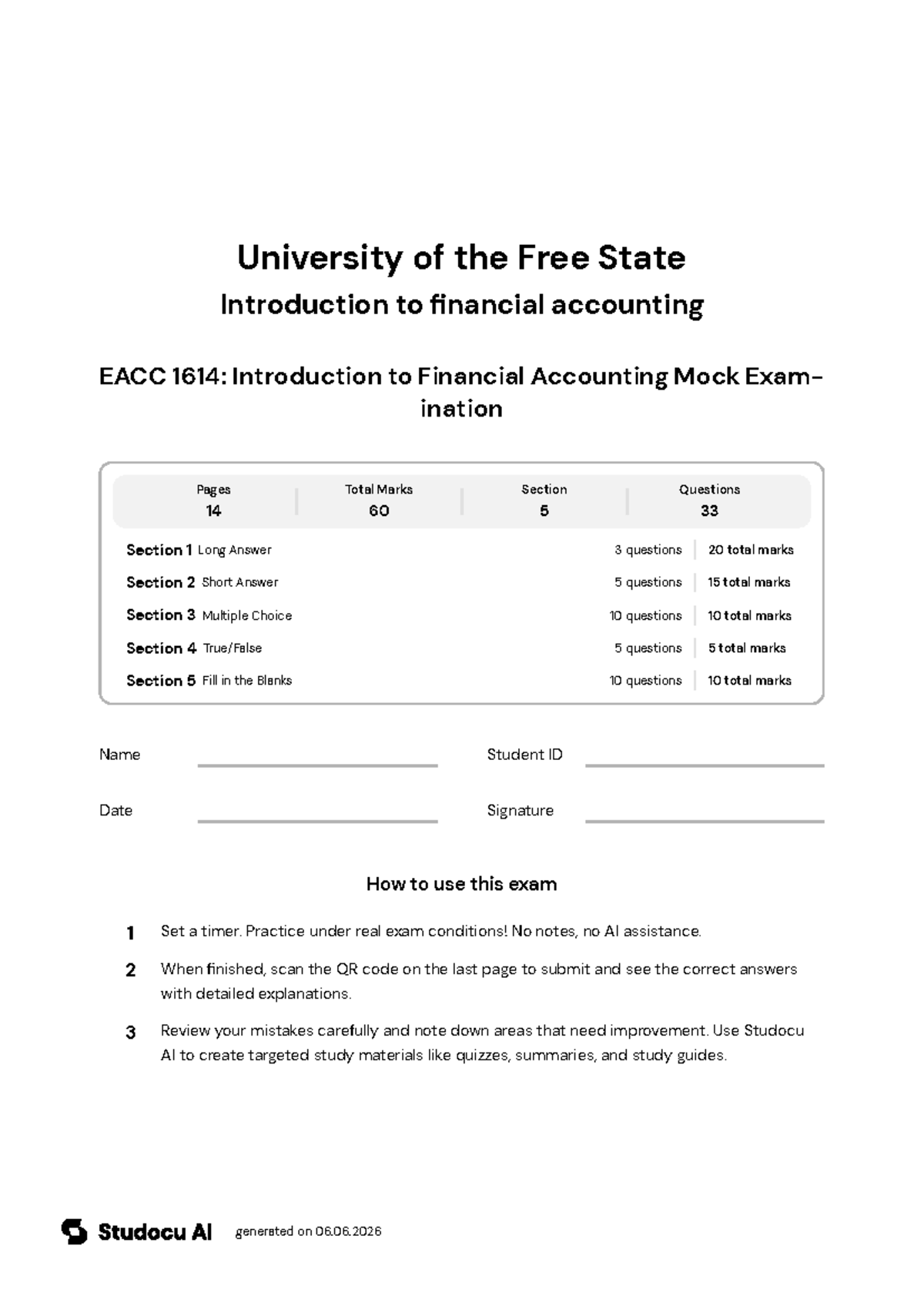 EACC 1614: Introduction to Financial Accounting Mock Exam - Studocu