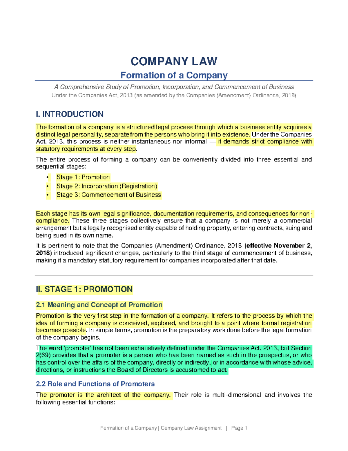 COMPANY LAW (CL-101) Formation of a Company: Promotion, Incorporation ...