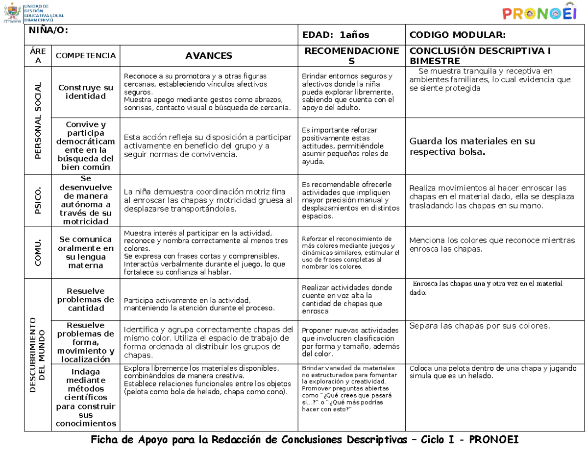 CÓDIGO MODULAR: Ficha Integral para Conclusiones Descriptivas Ciclo I ...