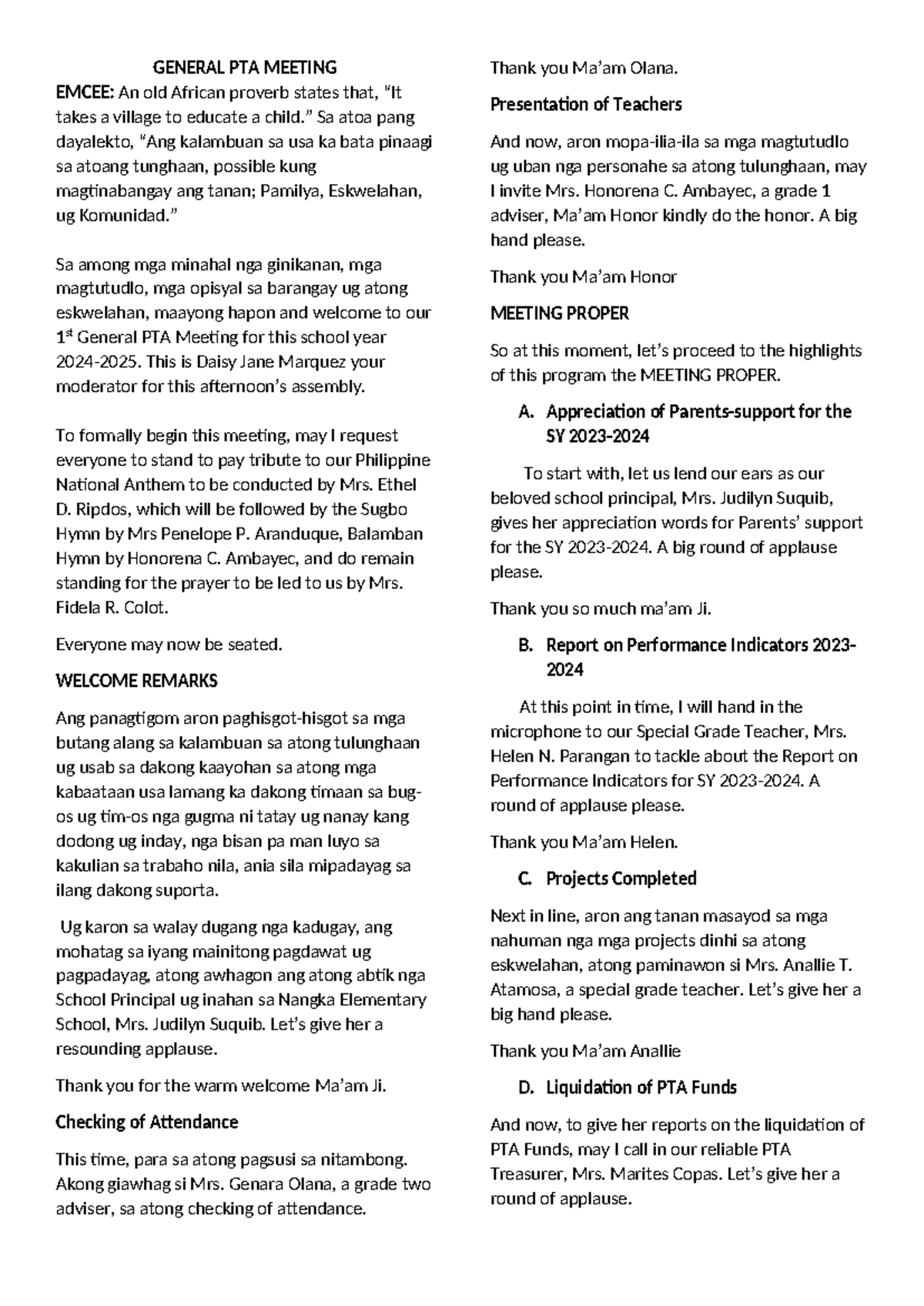 Emcee Script for General PTA Meeting 2024-2025 - Studocu