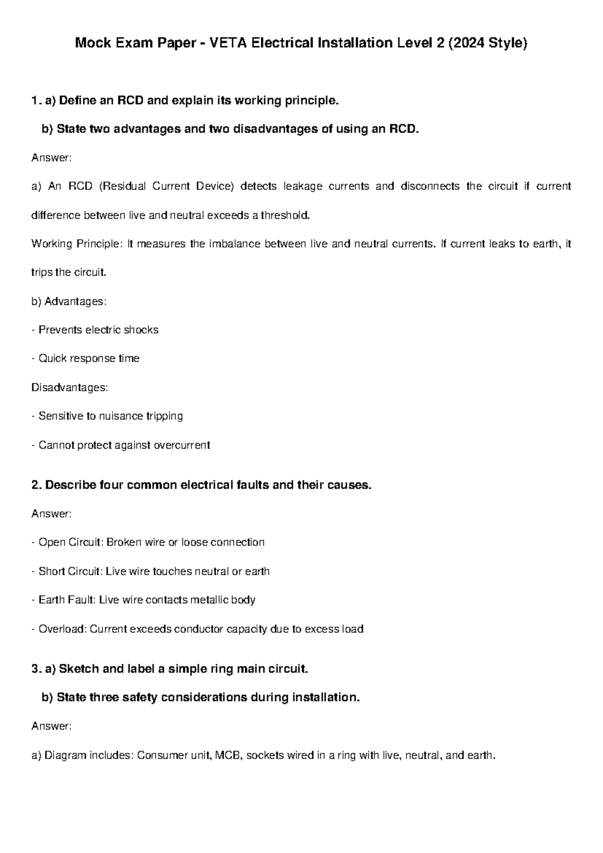 VETA Electrical Installation Mock Exam Paper 2024 - Studocu
