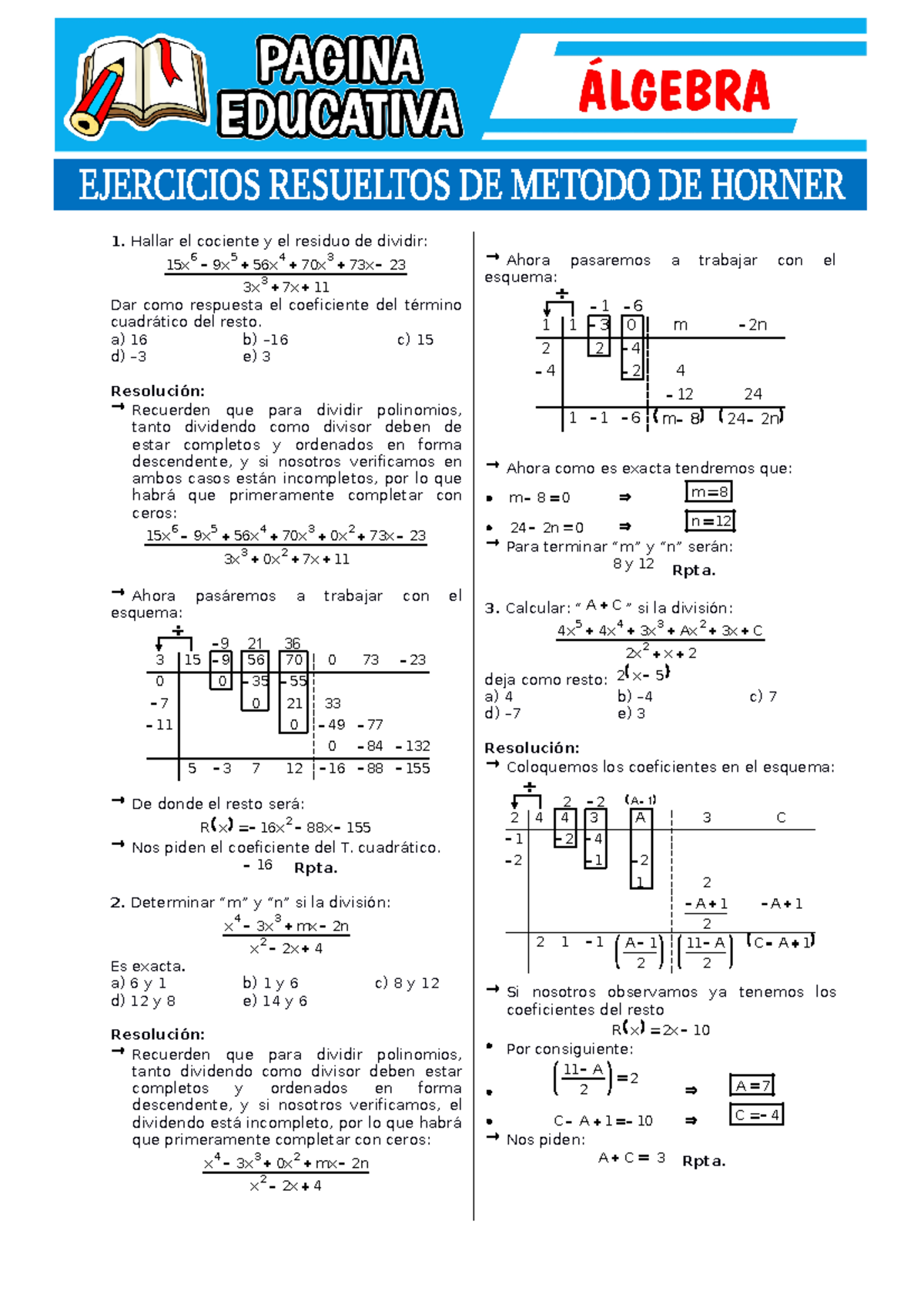 Ejercicios Resueltos del Método de Horner - Pagina Educativa - Studocu
