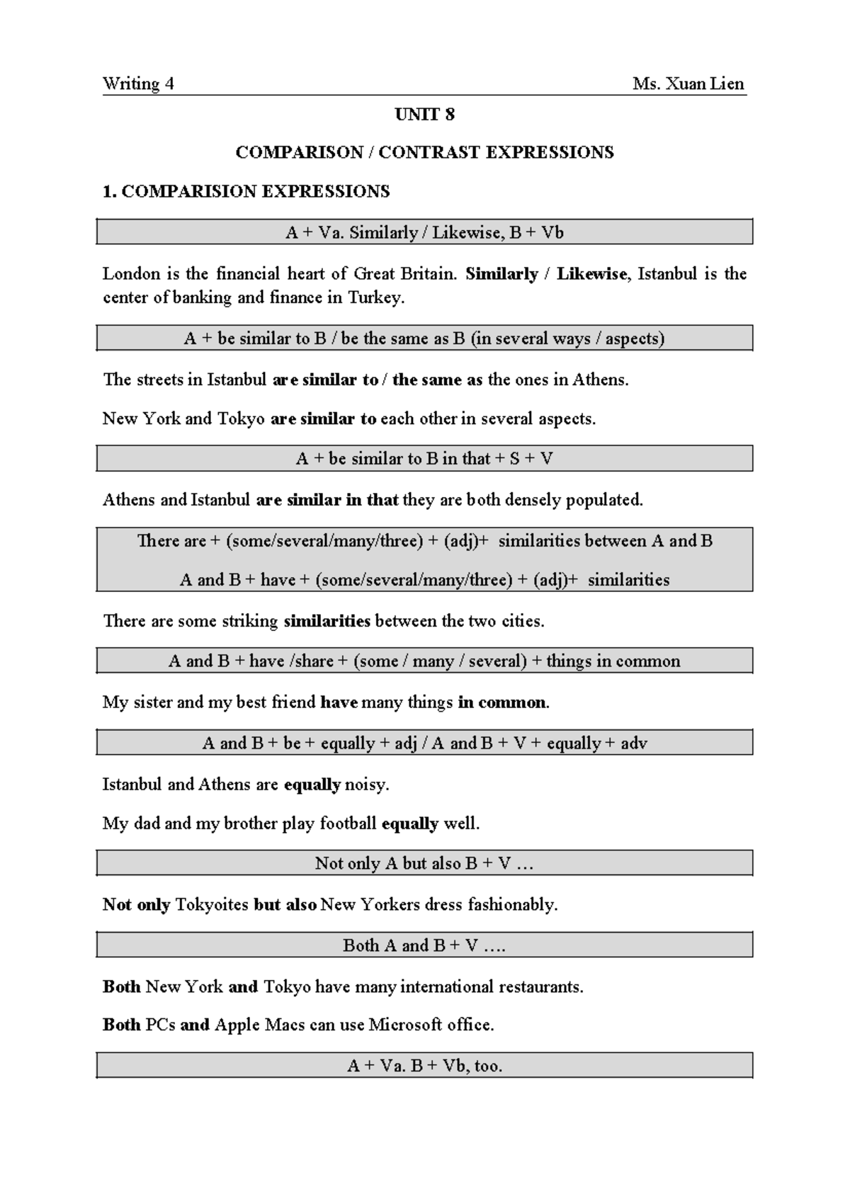 UNIT 8 - give grammar in writing - UNIT 8 COMPARISON / CONTRAST ...