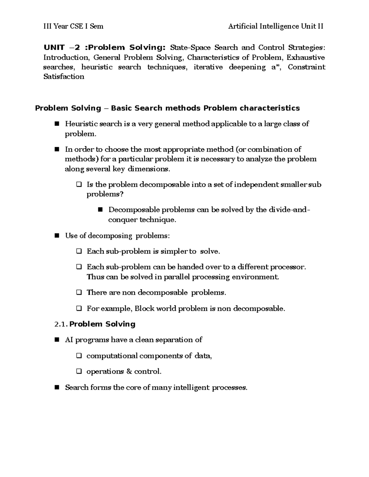 Unit 2: Problem Solving - State-Space Search & Control Strategies - Studocu