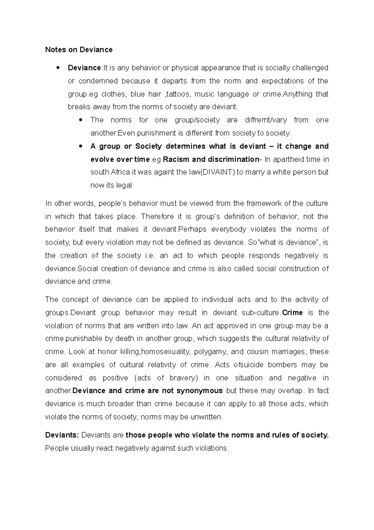 Sociology Deviance notes - INTRODUCTION TO THE STUDY OF DEVIANCE: Theme ...