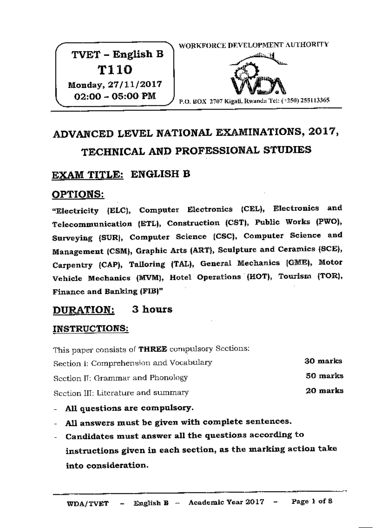 L5 SOD 2017 English B TVET National Exam Notes and Insights - Studocu