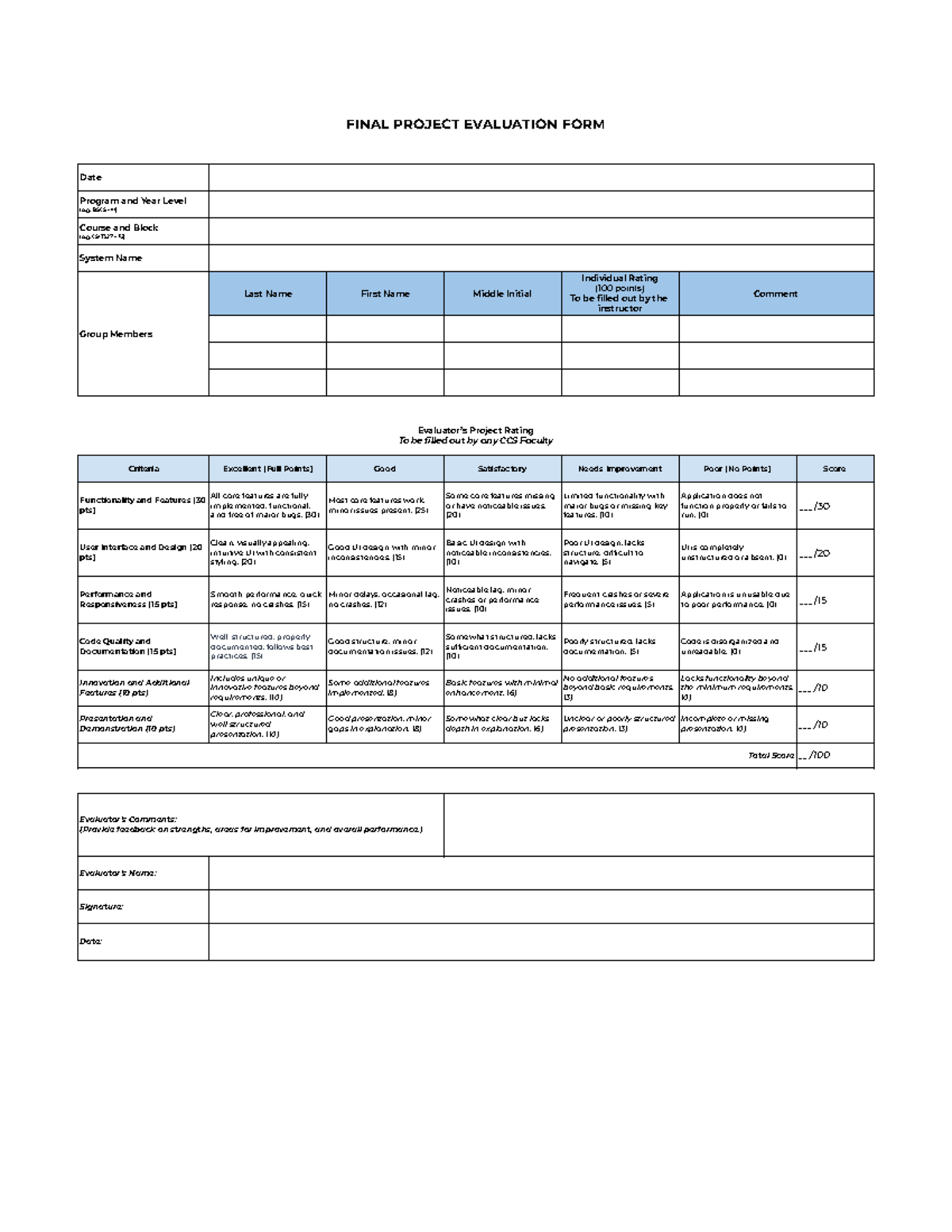 FINAL PROJECT EVALUATION FORM - CSIT327 F2 Assessment Criteria - Studocu