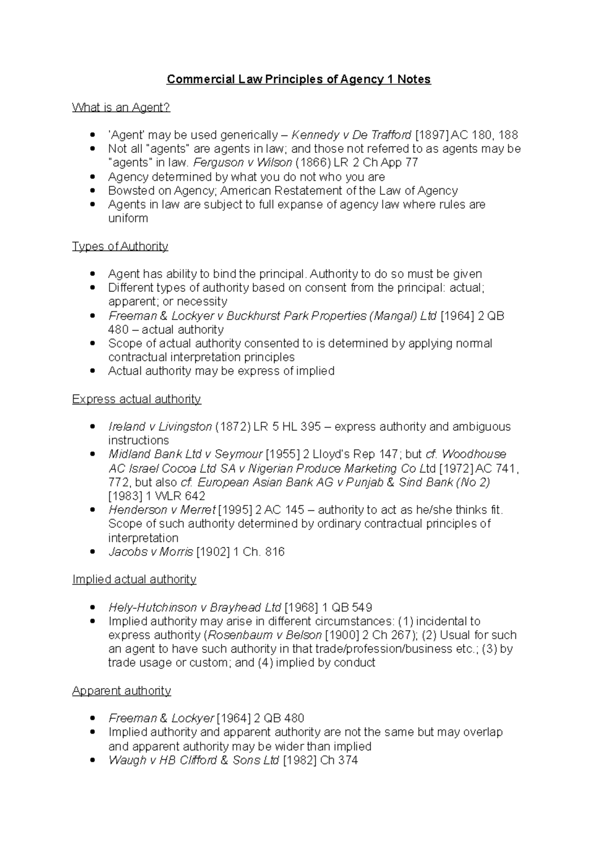 Commercial Law Principles of Agency 1 Notes - Ferguson v Wilson (1866 ...