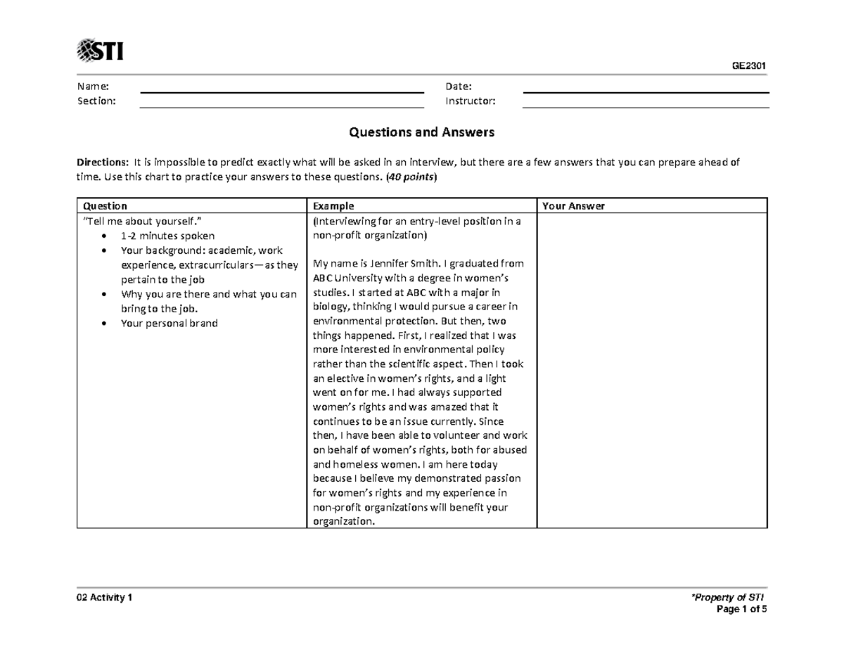 GE2301 Interview Preparation: Questions & Answers Guide - Studocu